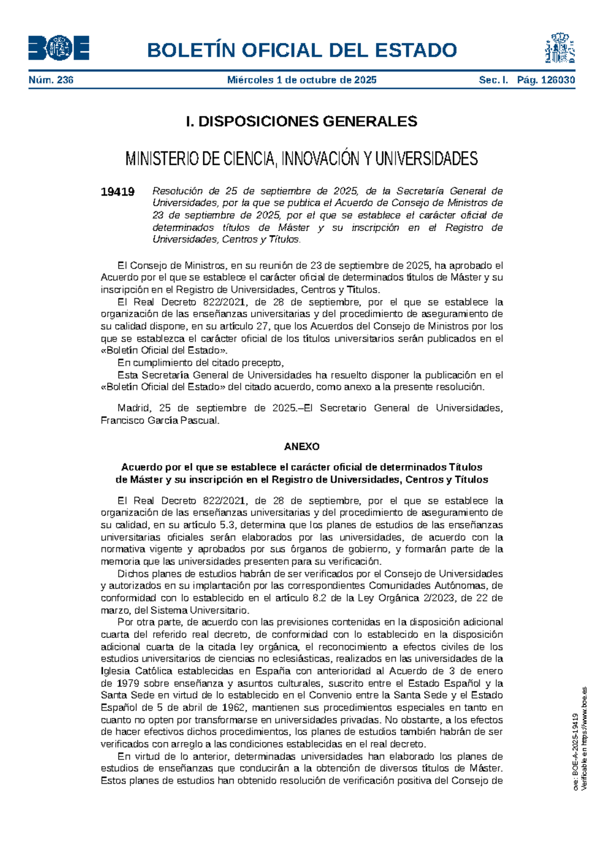 Resolución BOE A 2025 19419: Títulos de Máster Oficiales y Registro ...