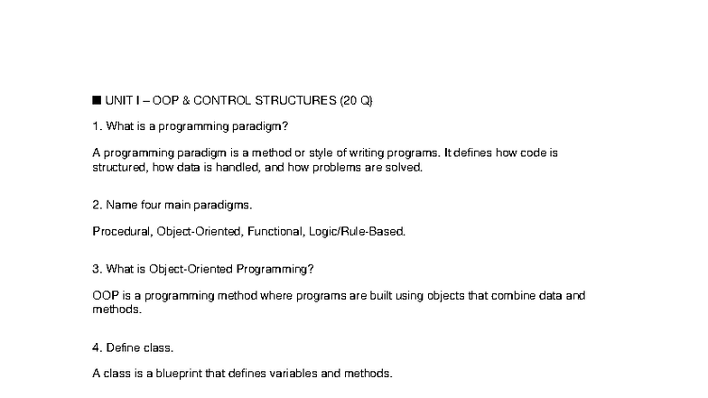 OOP 100 QA Detailed Study Guide: Control Structures & More - Studocu