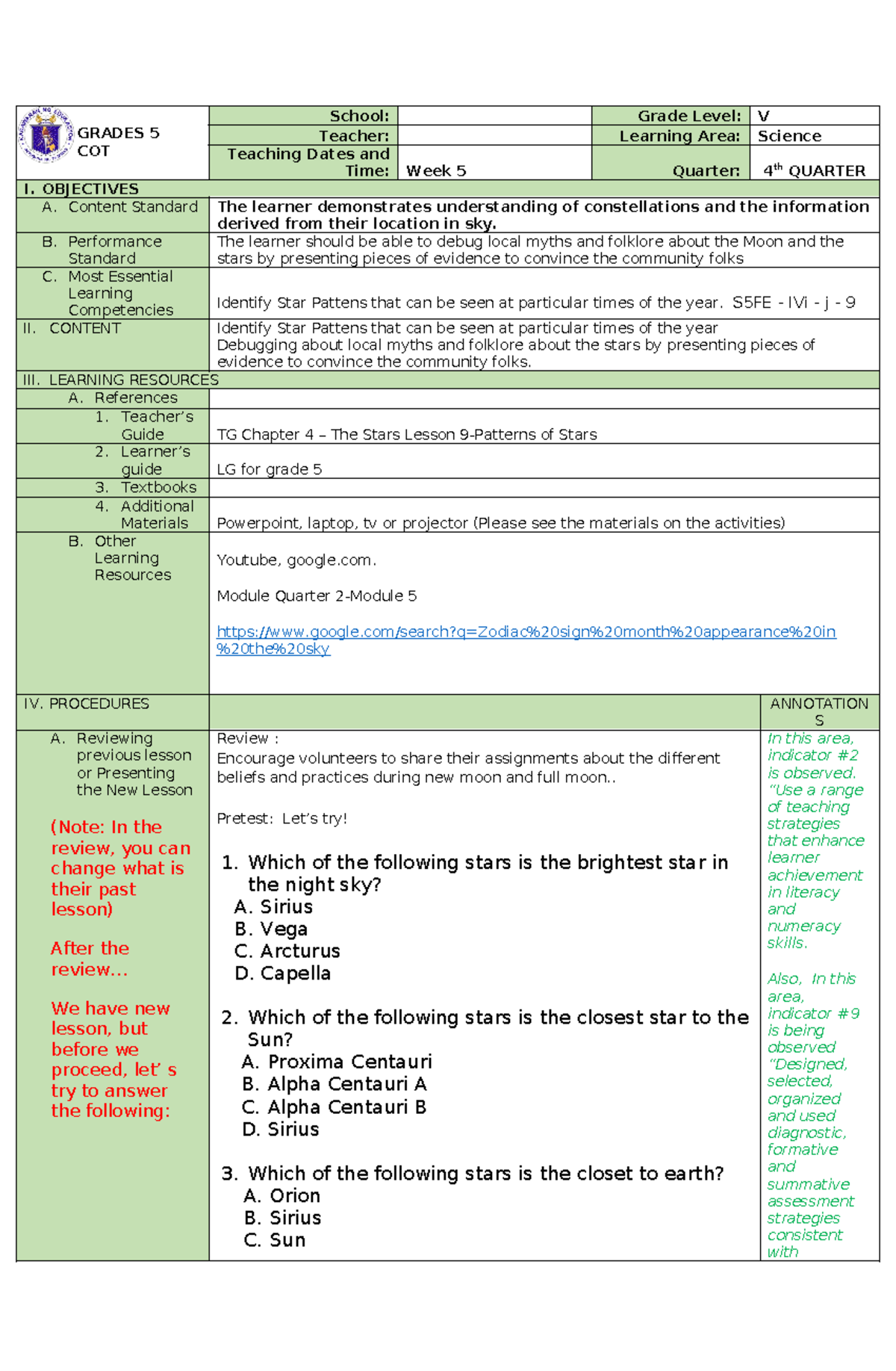 Grade 5 Science Lesson Plan: Understanding Constellations (S5FE - IVi ...