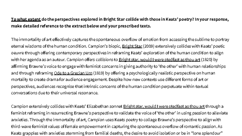 12ADV Task 2: Exploring Perspectives in Bright Star & Keats' Poetry ...