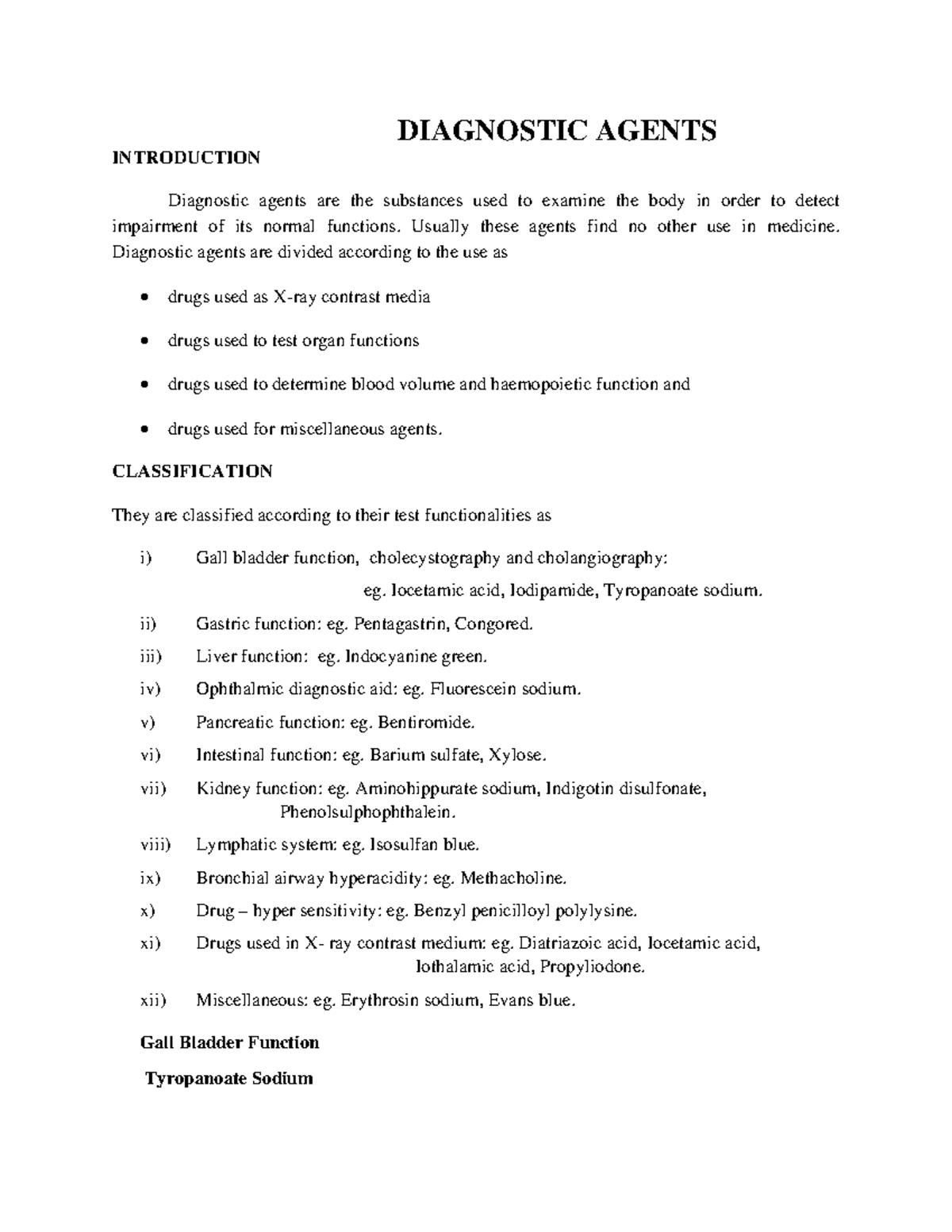 Diagnostic Agents Classification for Medical Functions - Studocu