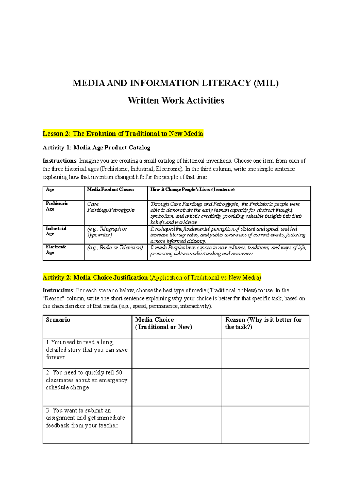 MIL Written Work Activities: Evolution of Media & Choices - Studocu