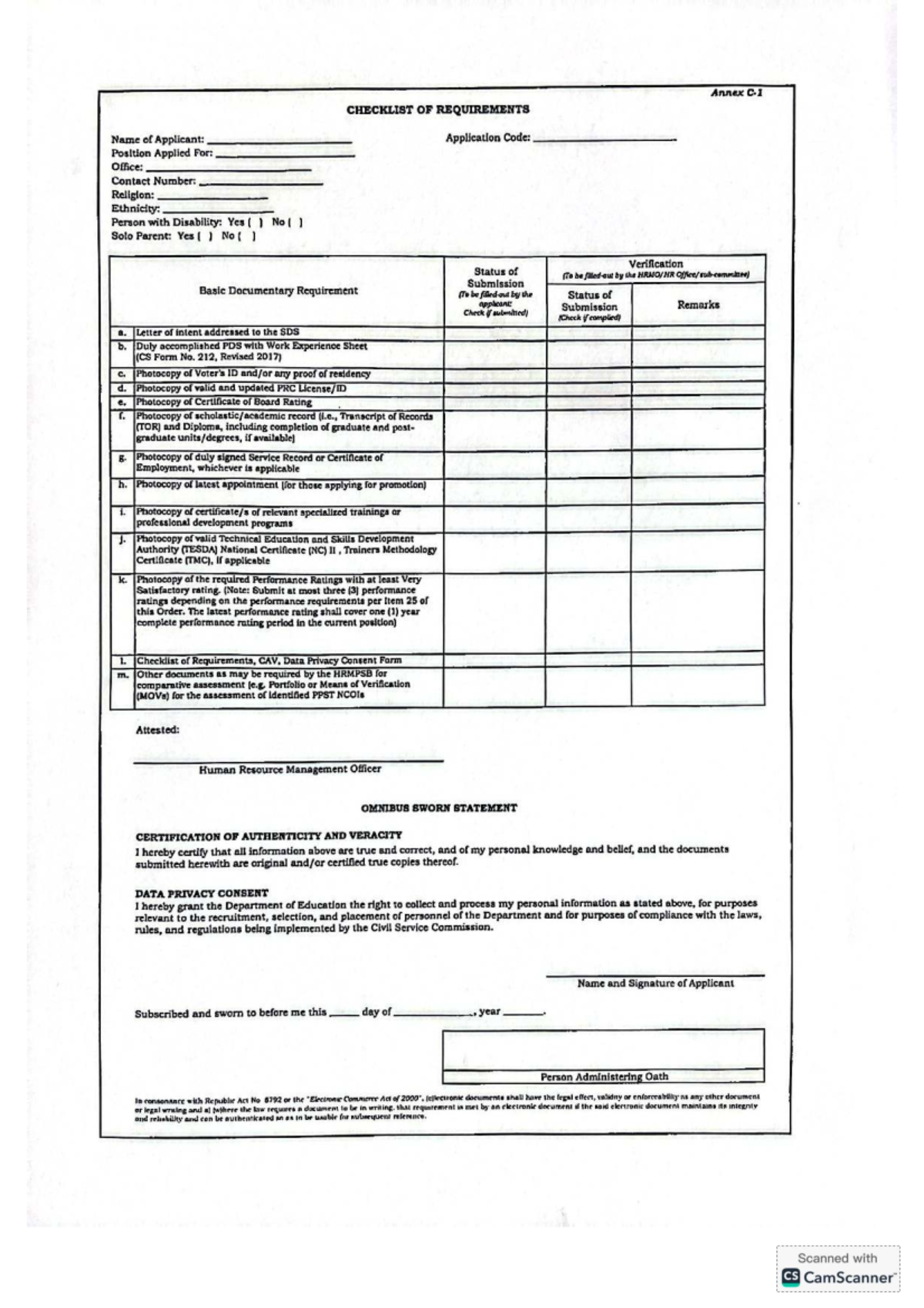 Annex C-1: Omnibus Reclassification Requirements Checklist - Studocu