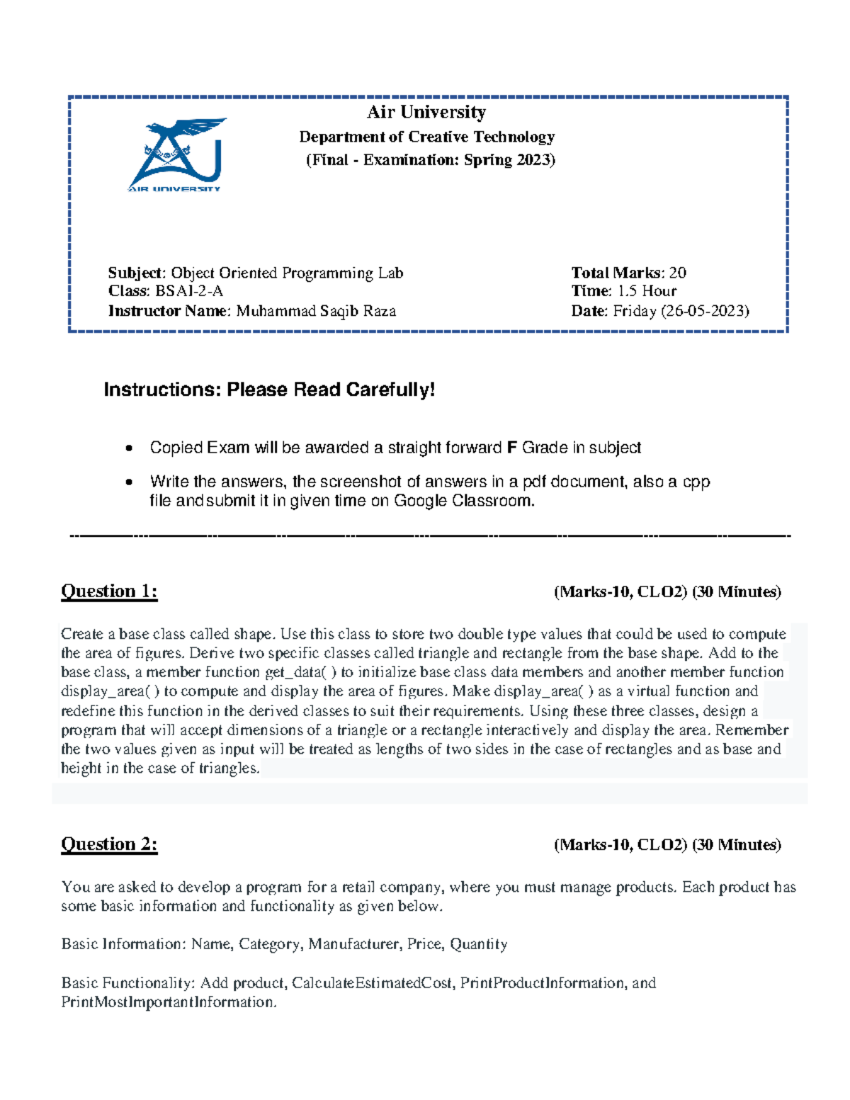 Final Exam OOP Lab-BSAI-2-A-1: Shape & Retail Management Programming ...