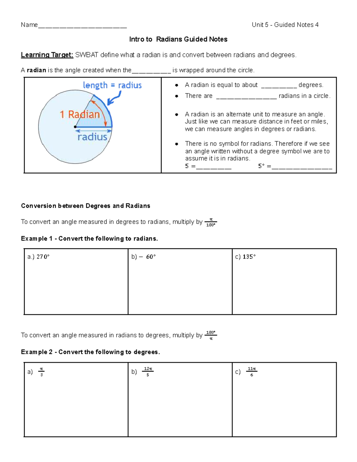 Unit 5 Guided Notes: Intro to Radians and Angle Conversion - Studocu