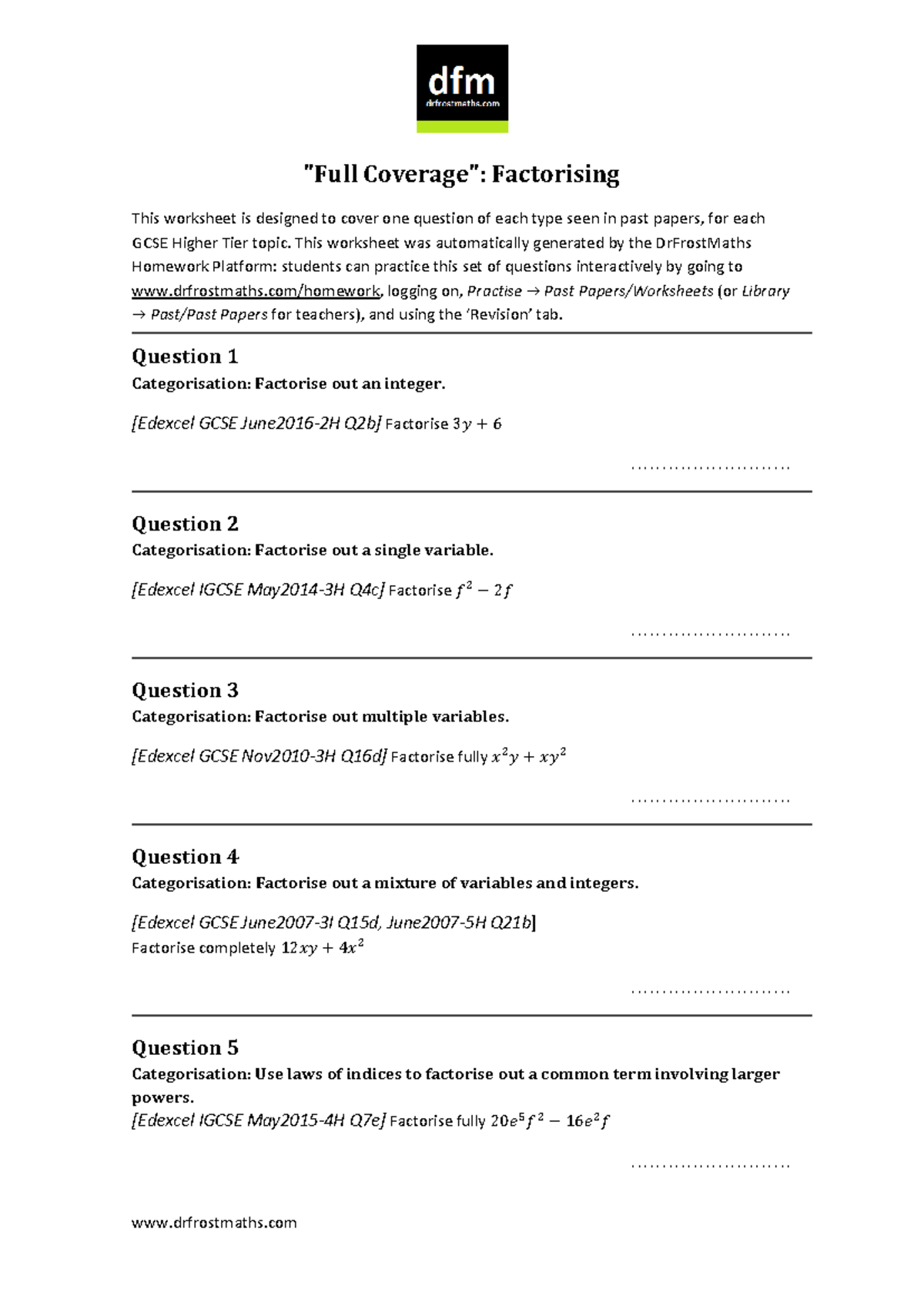 GCSE & IGCSE Factorising Worksheet: Practice Questions & Answers - Studocu