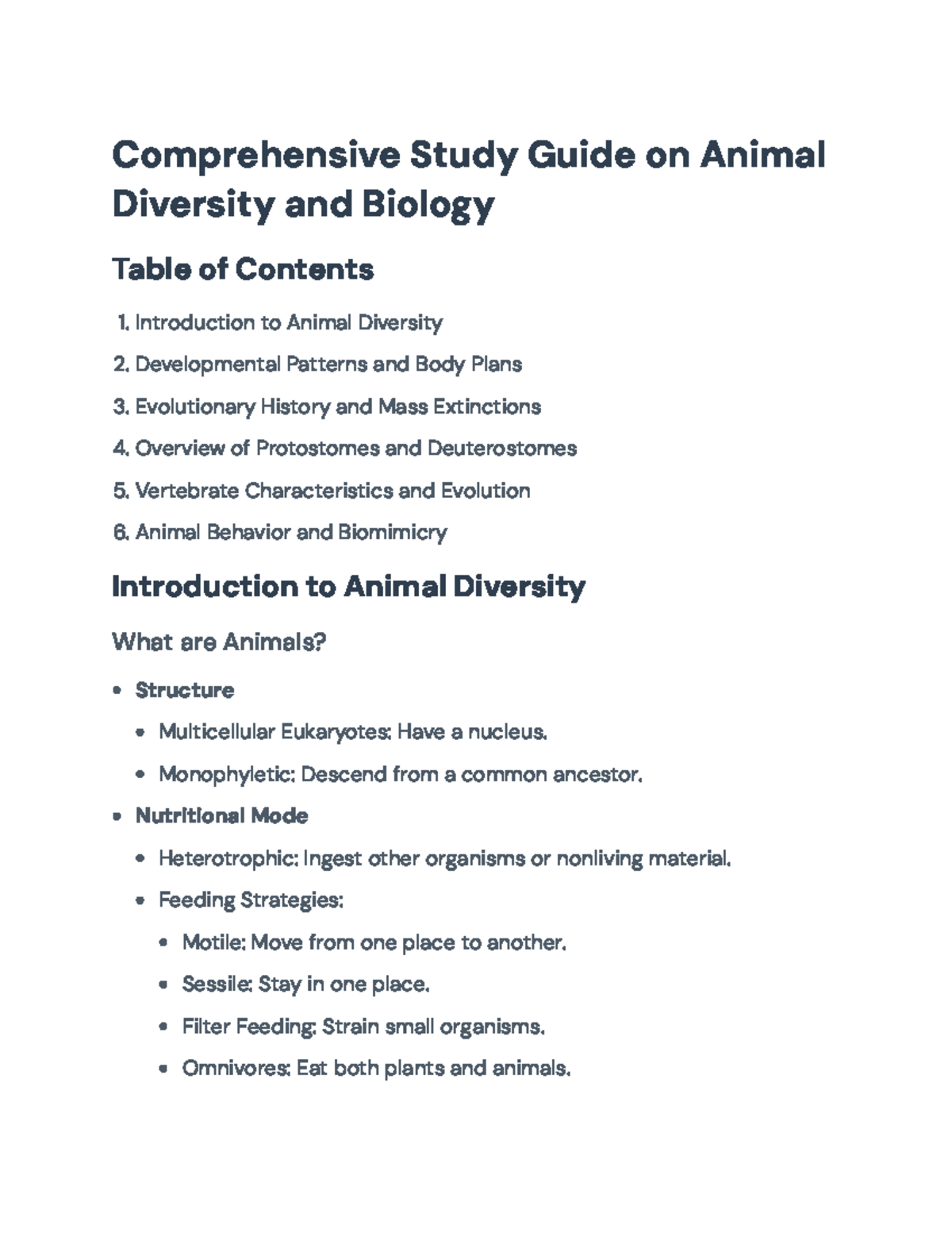 Comprehensive Study Guide: Animal Diversity and Biology (BIO101 ...