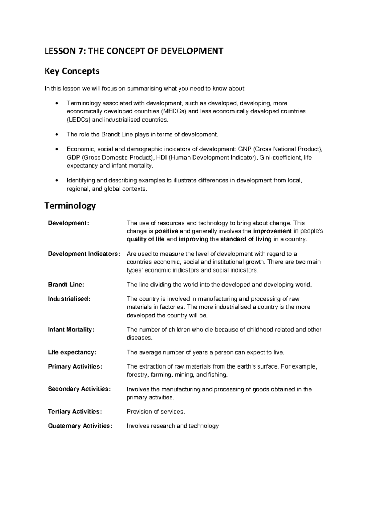 THE Concept OF Development - LESSON 7: THE CONCEPT OF DEVELOPMENT Key ...