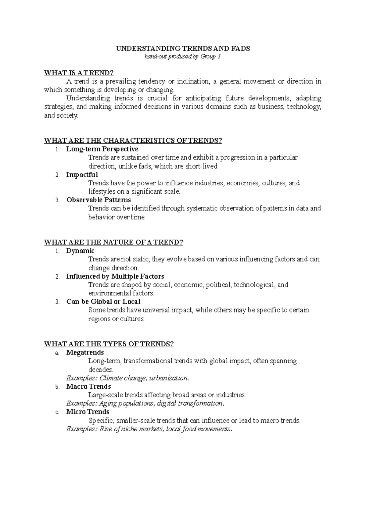 Understanding Trends and Fads: Key Insights and Observations Handout ...