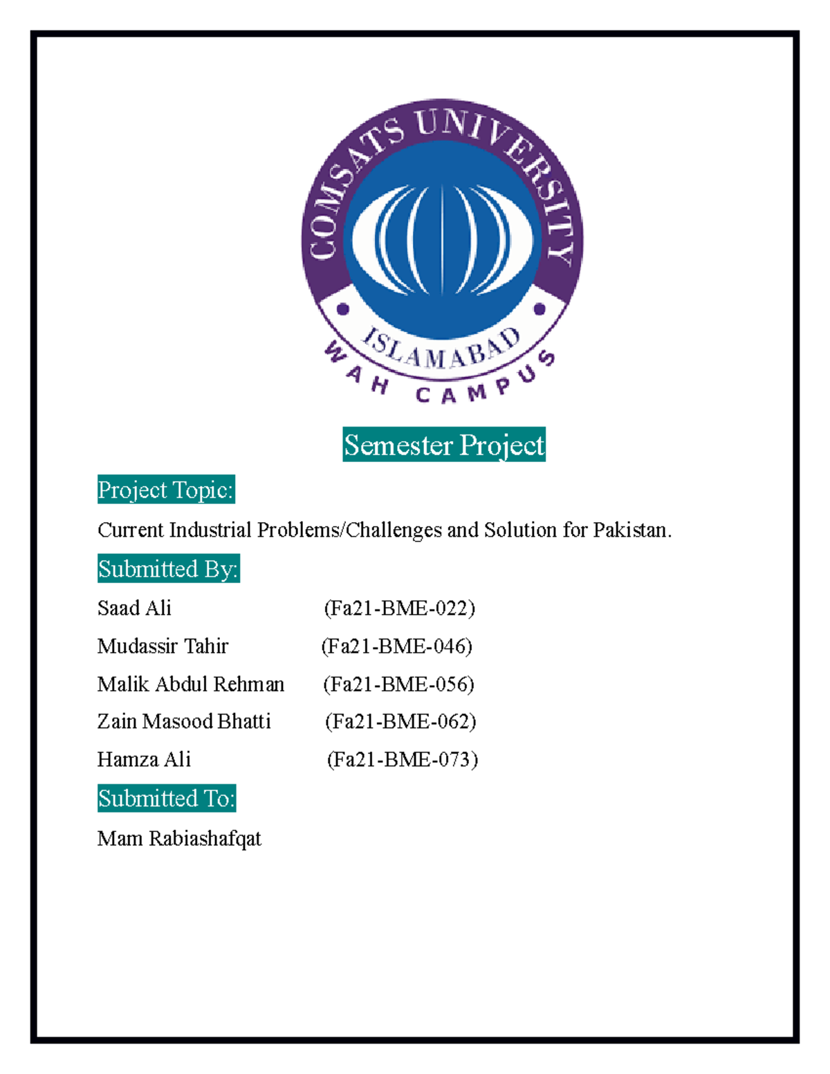 Semester Project Pak study - Semester Project Project Topic: Current Industrial Problems ...