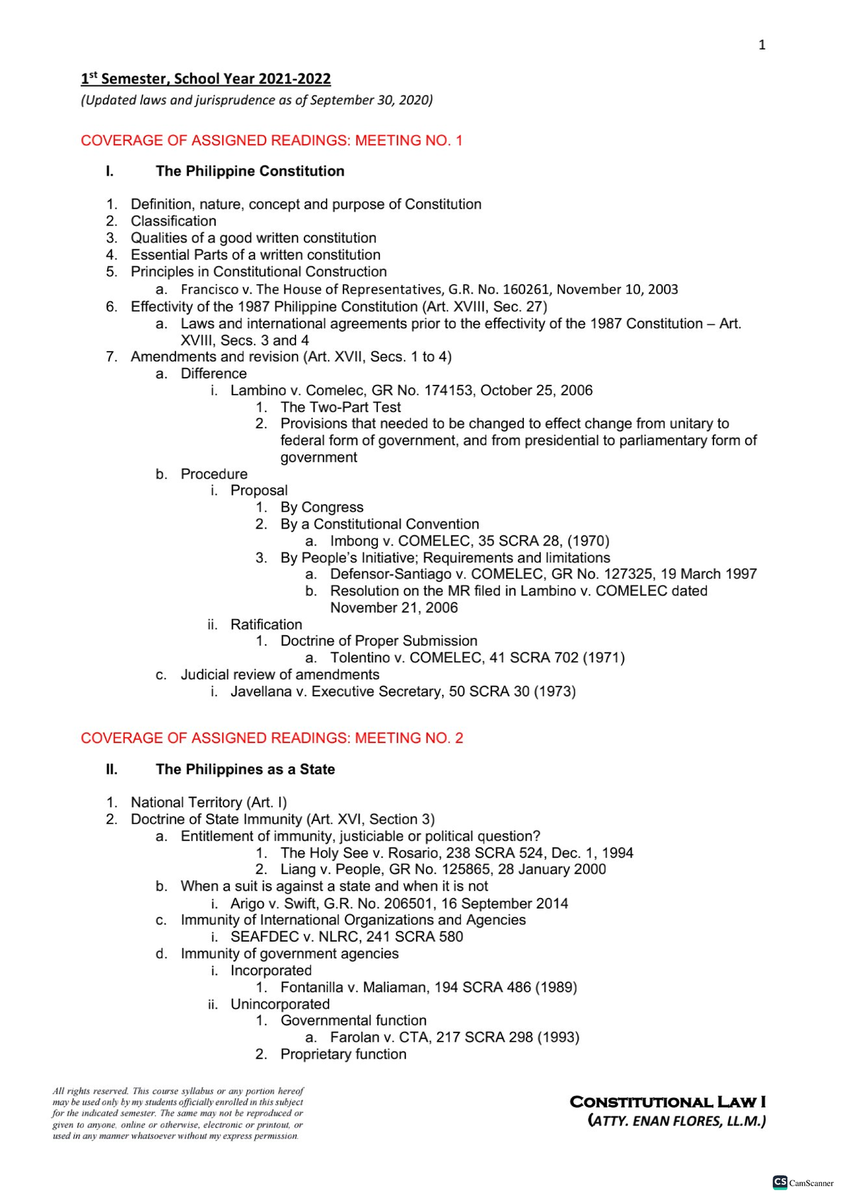 Constitutional Law I Syllabus: 1st Sem, SY 2021-2022 - Studocu