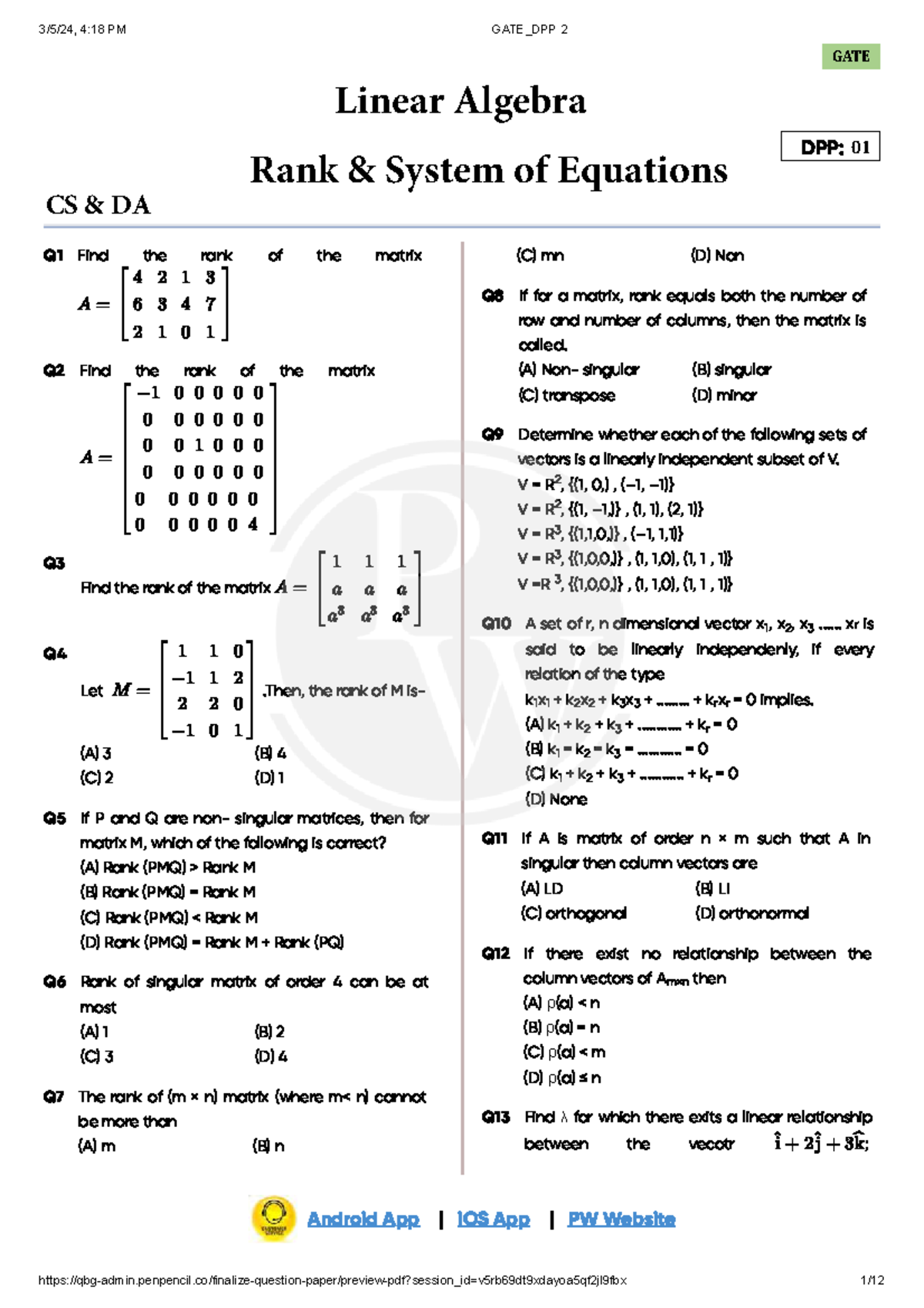 GATE_DPP 2: Rank & System of Equations in Linear Algebra - Studocu
