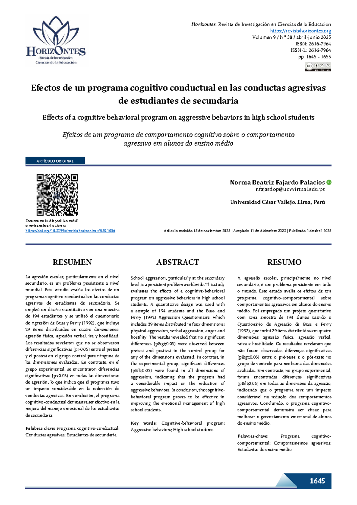 Efectos de un Programa Cognitivo Conductual en la Agresión Escolar ...