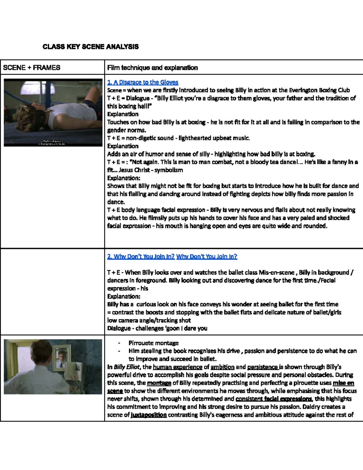 GL1: Key Scene Analysis of Billy Elliot - Class Notes - Studocu