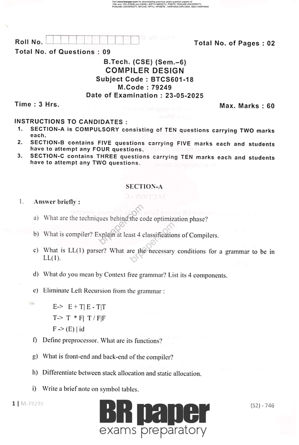 Previous Years' Question Papers for B.Tech (CSE) Compiler Design (M ...