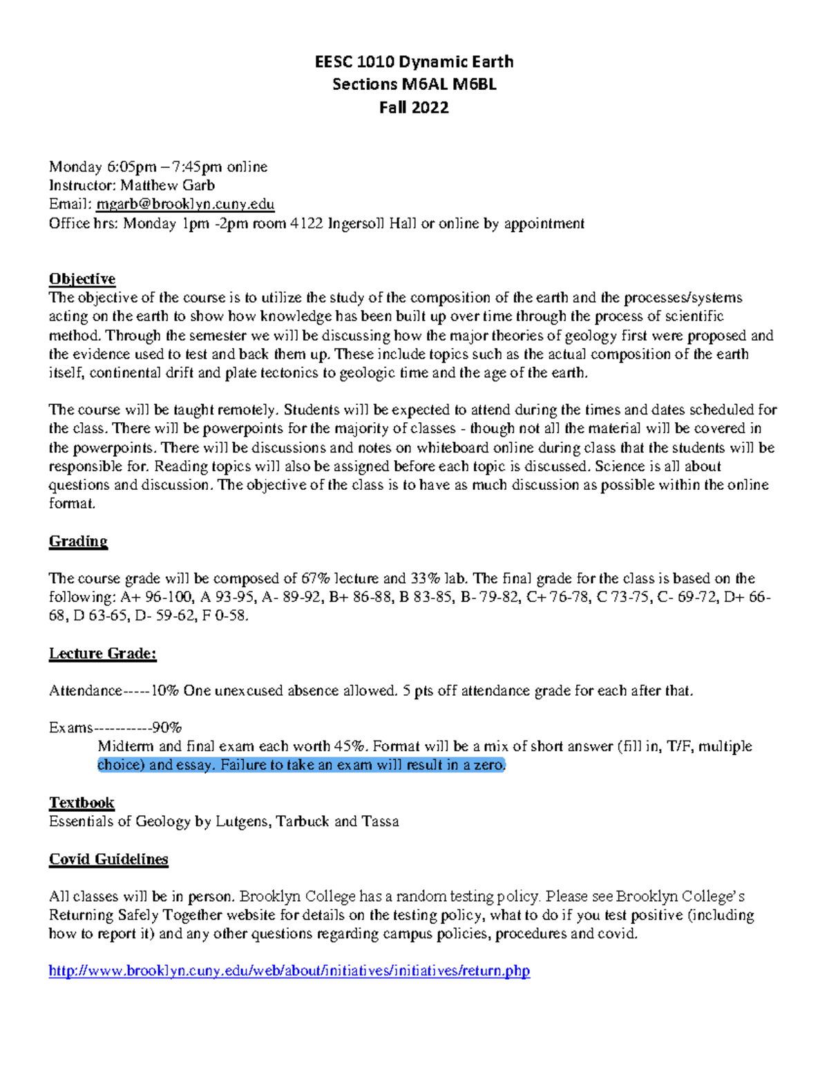 EESC 1010 M6AL M6BL Dynamic Earth Lecture Syllabus - Fall 2022 - Studocu