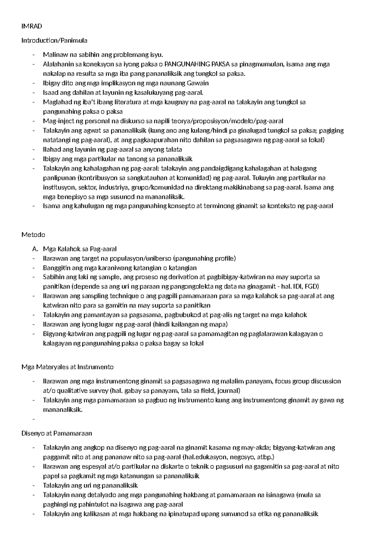 Imrad-gabay - Guide - IMRAD Introduction/Panimula - Malinaw na sabihin ...