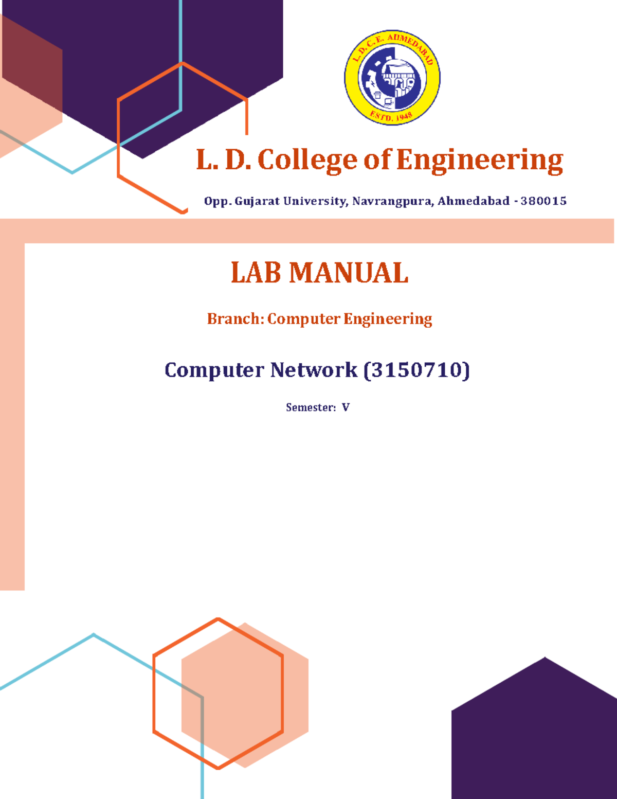 Computer Networks Lab Manual - CO: 3150710, Semester V - Studocu