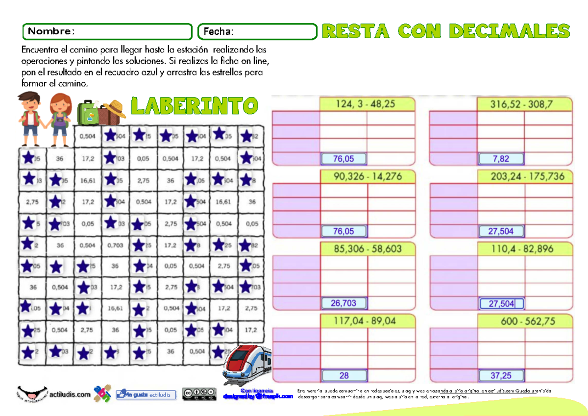 Restas CON Decimales Laberinto 04 SOL - actiludis M i g Con licencia u ...