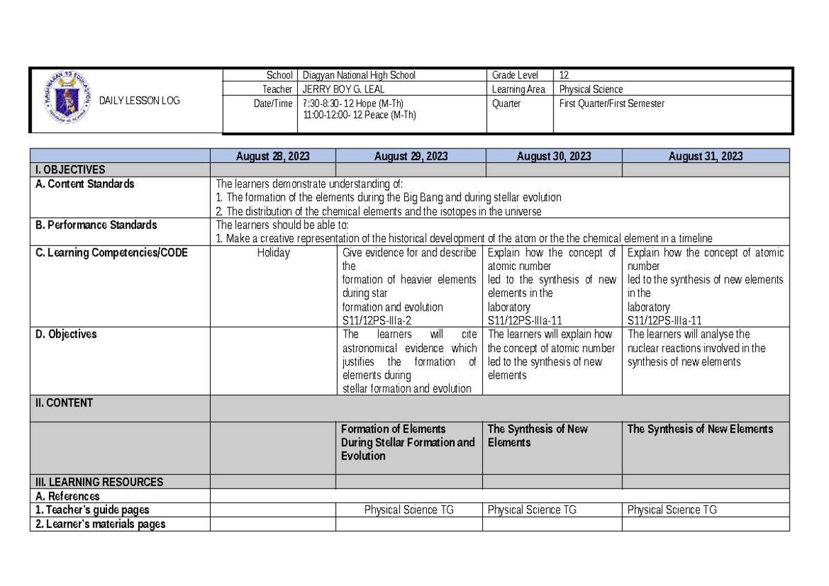 Physical Science DLP Q1W1: Formation of Elements & Stellar Evolution ...