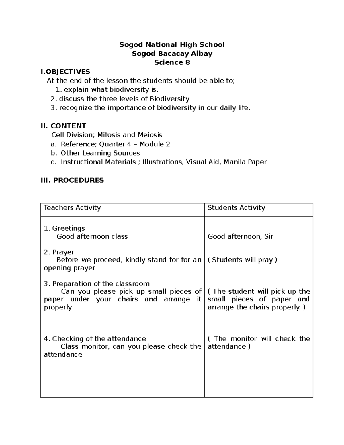 ARWi N Depositar - Lesson plan - Sogod National High School Sogod Bacacay Albay Science 8 I At ...