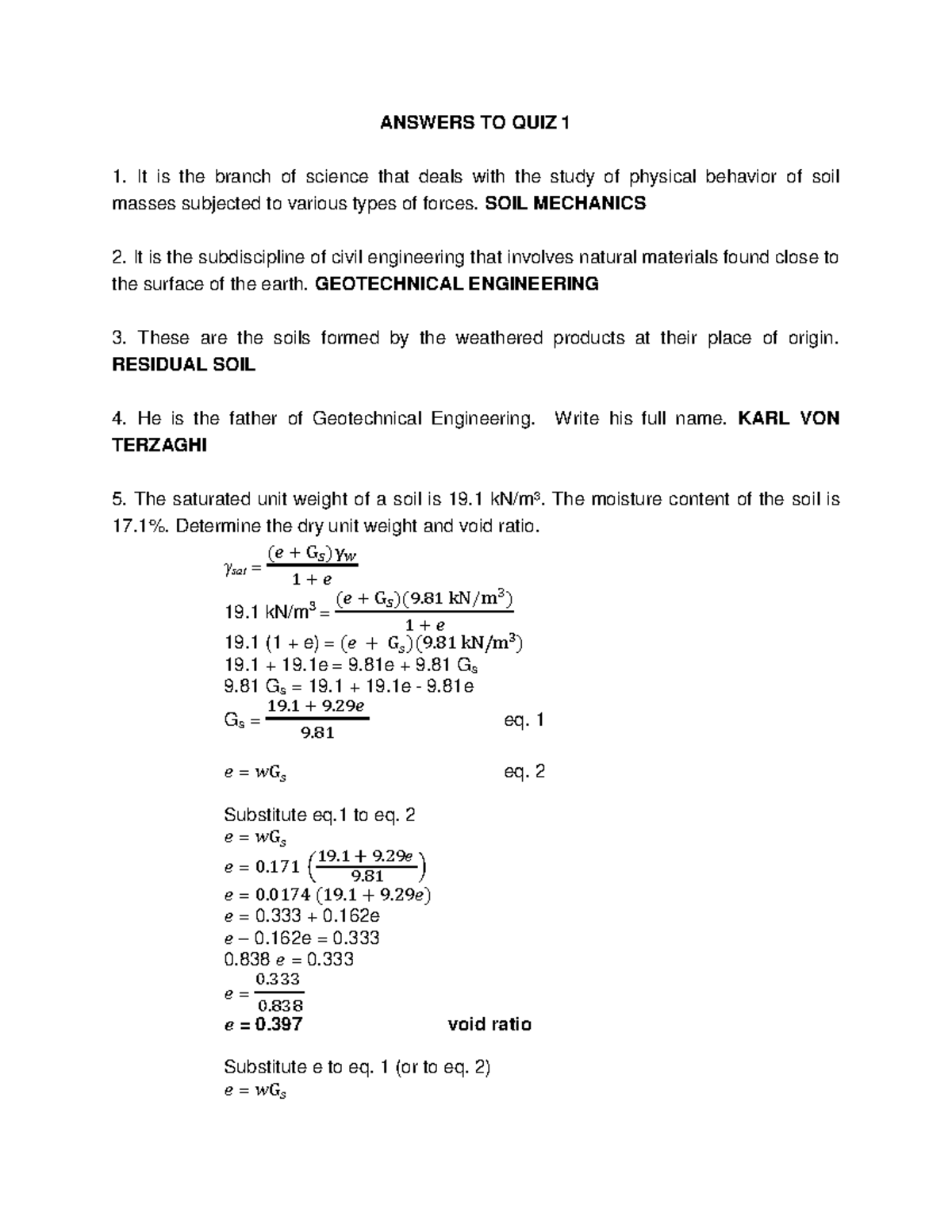Geotechnical engineering problem and solutions - ANSWERS TO QUIZ 1 It ...