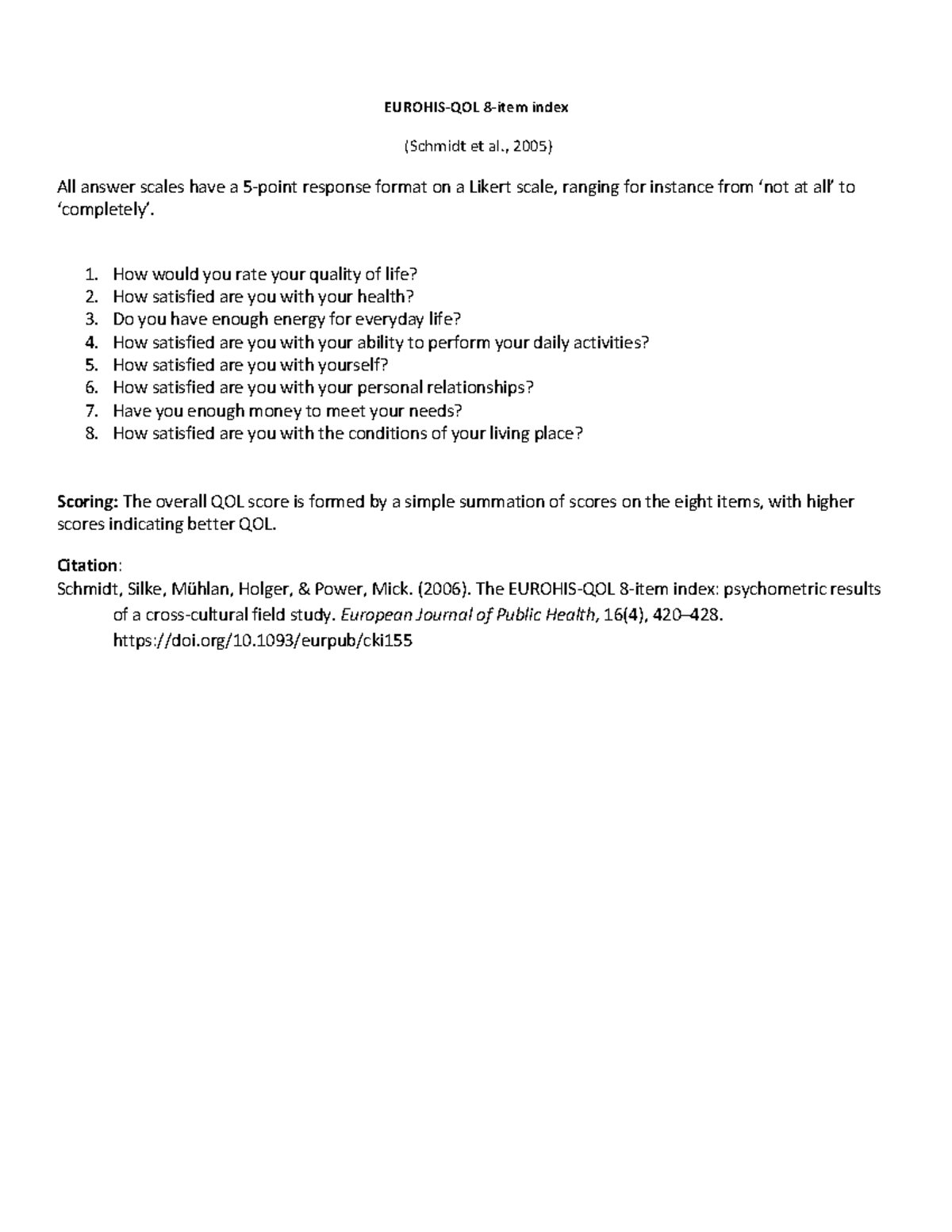 Eurohis-QOL 8 Item Index: Psychometric Insights and Scoring - Studocu