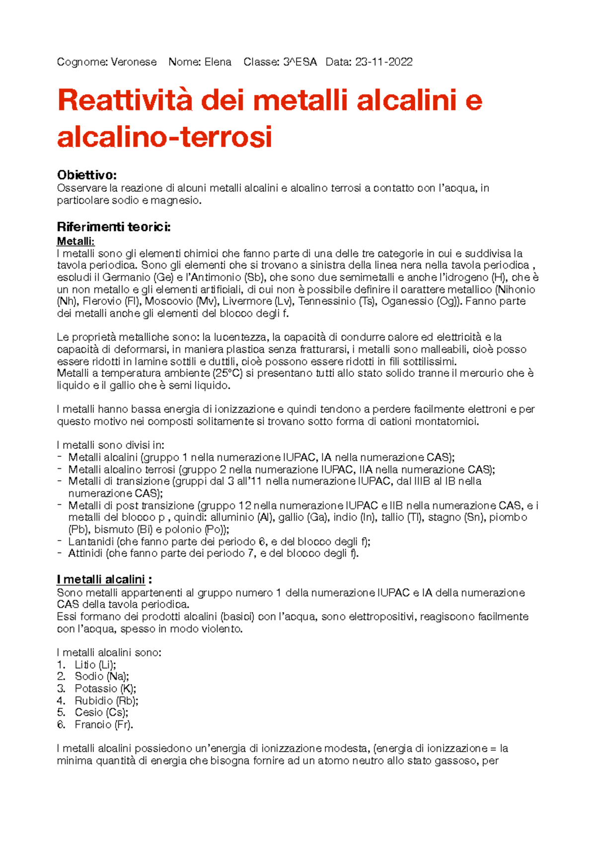 Relazione di Scienze: Reattività dei Metalli Alcalini e Alcalino ...