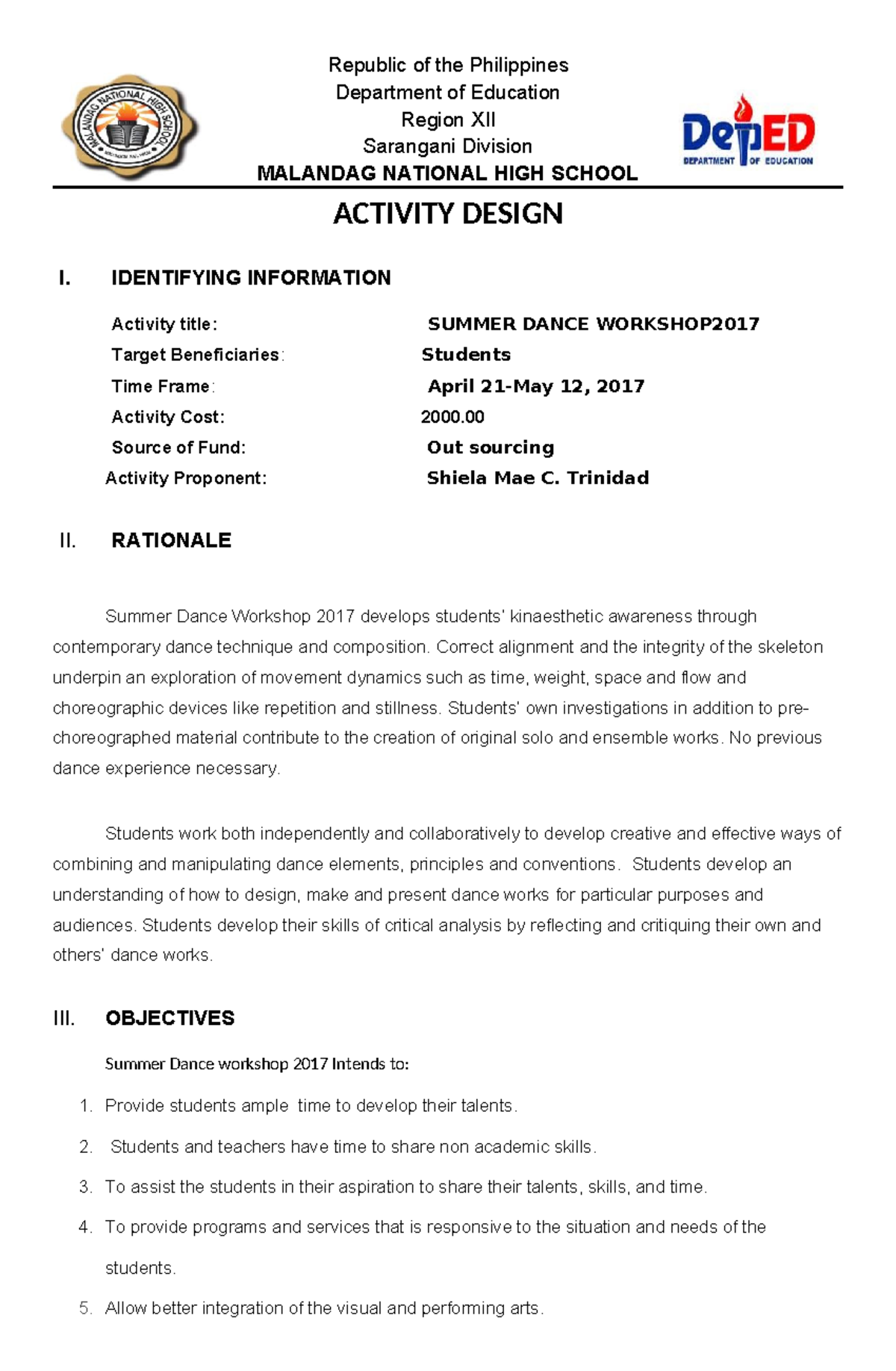 Summer Dance Workshop Activity Design (Activity Code: MNHS 2017) - Studocu