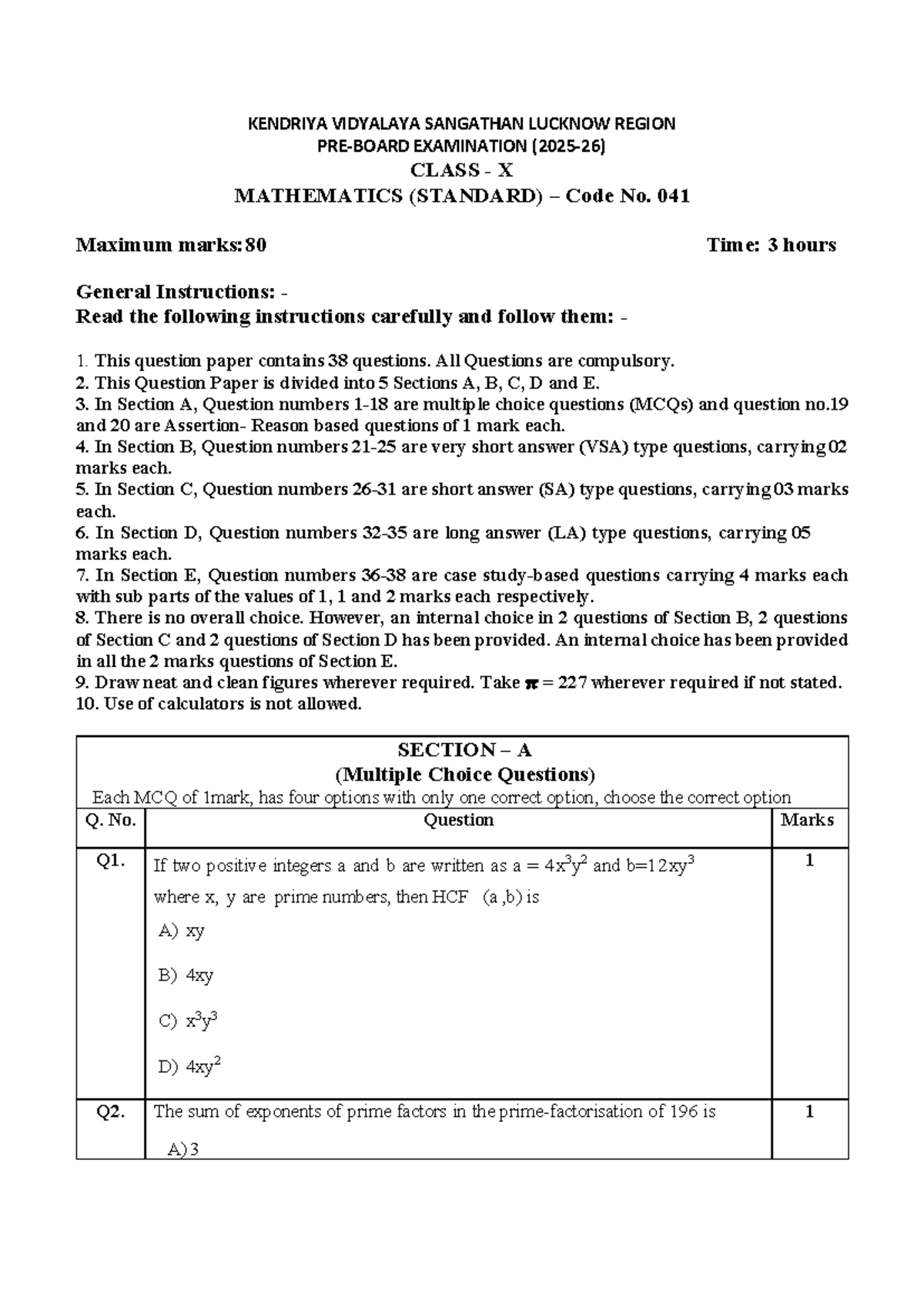 KVS Lucknow Region Class X Maths Standard Exam QP Code 041 - Studocu