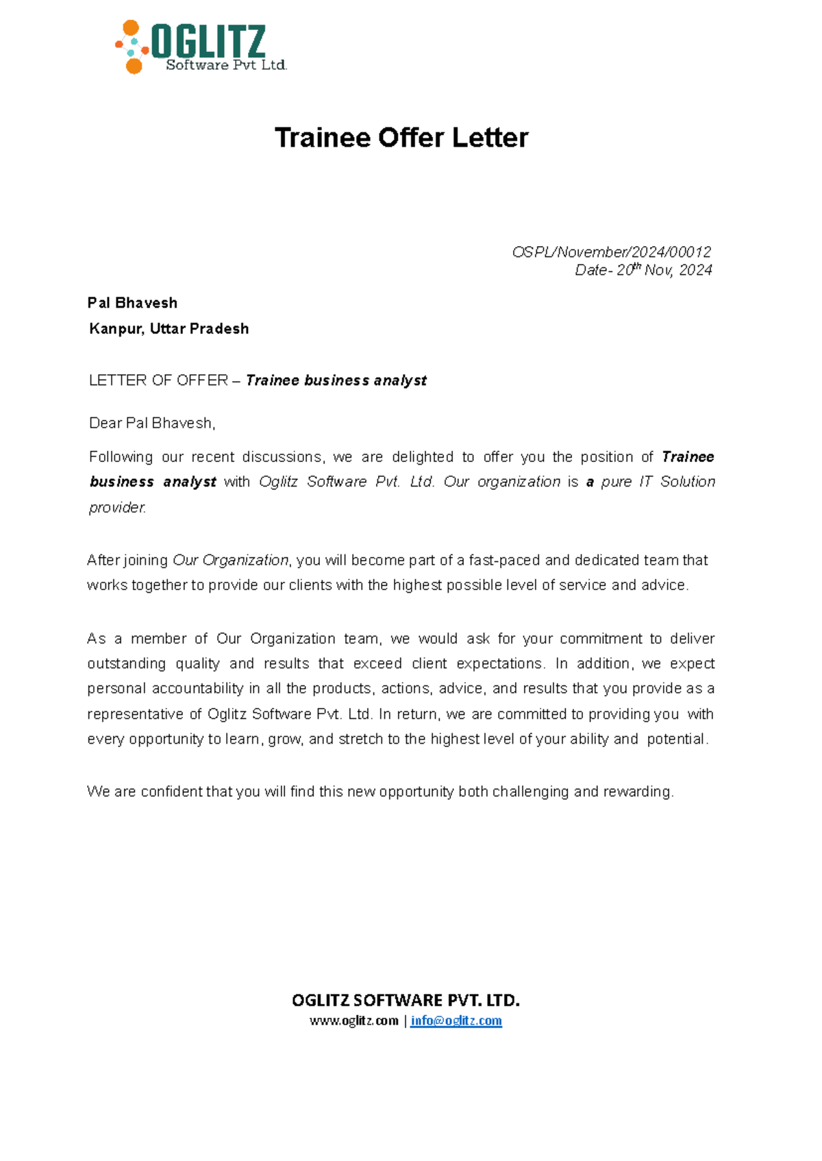 Letter of Training Pal Bhavesh - Trainee Offer Letter OSPL/November ...