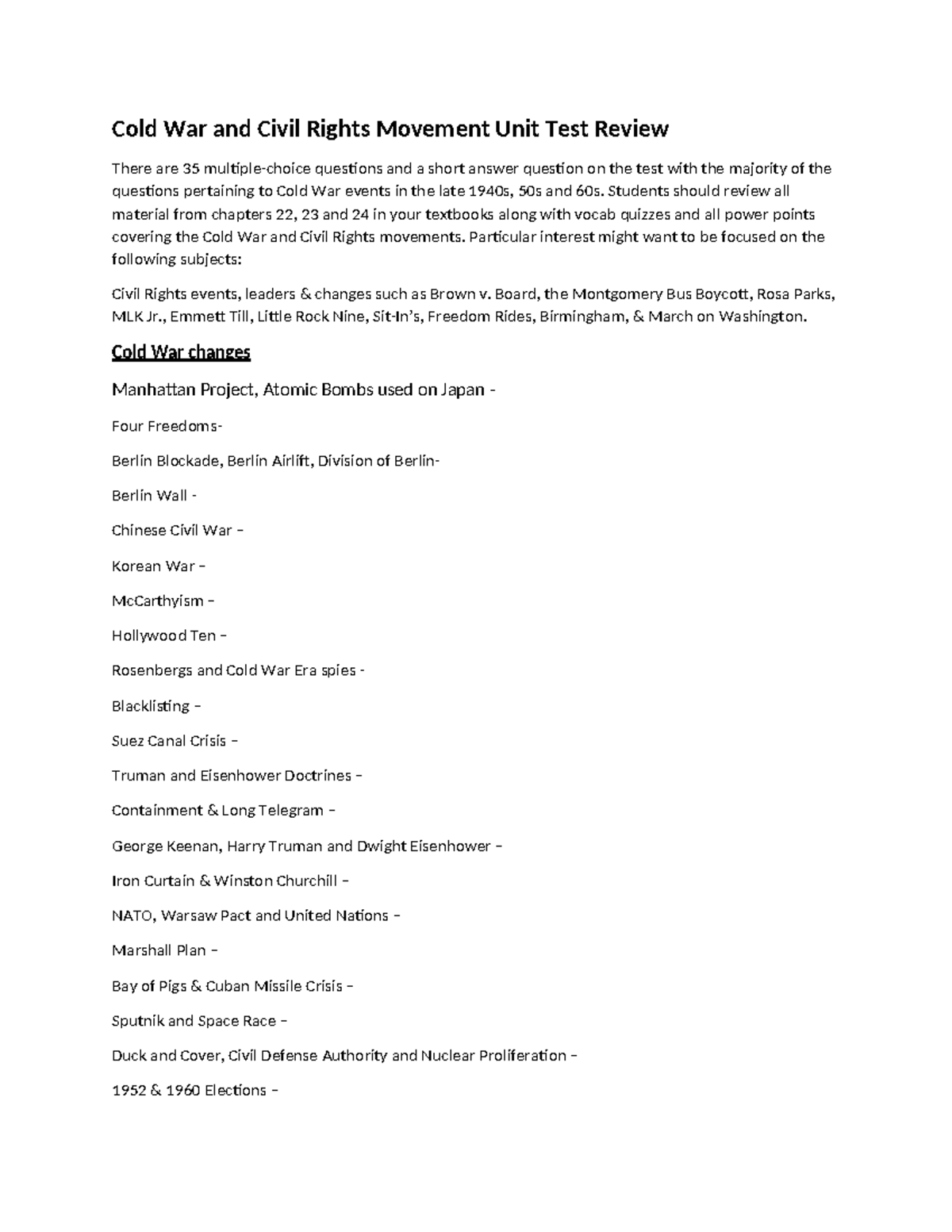 Cold War & Civil Rights Movement Unit Test Review Guide - Cold War and ...