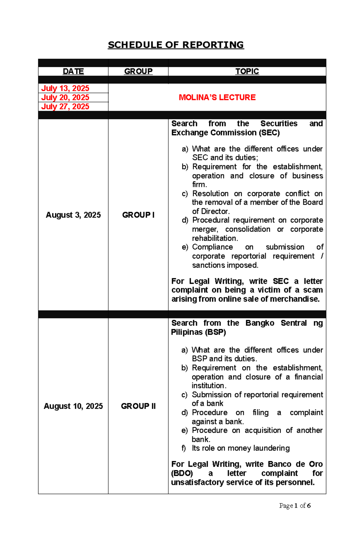 Schedule of Reporting Dates & Final Exam for Legal Writing - Studocu