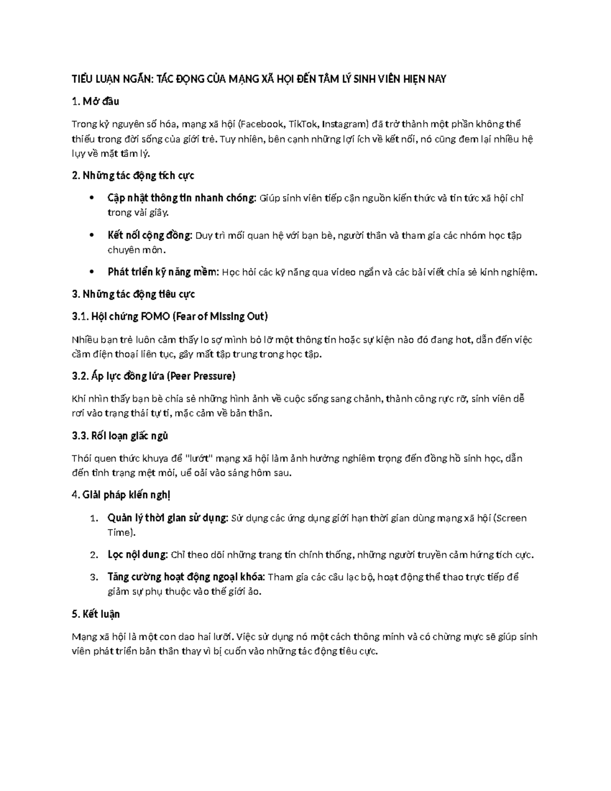 TIỂU LUẬN NGẮN: TÁC ĐỘNG CỦA MẠNG XÃ HỘI ĐẾN TÂM LÝ SINH VIÊN - Studocu