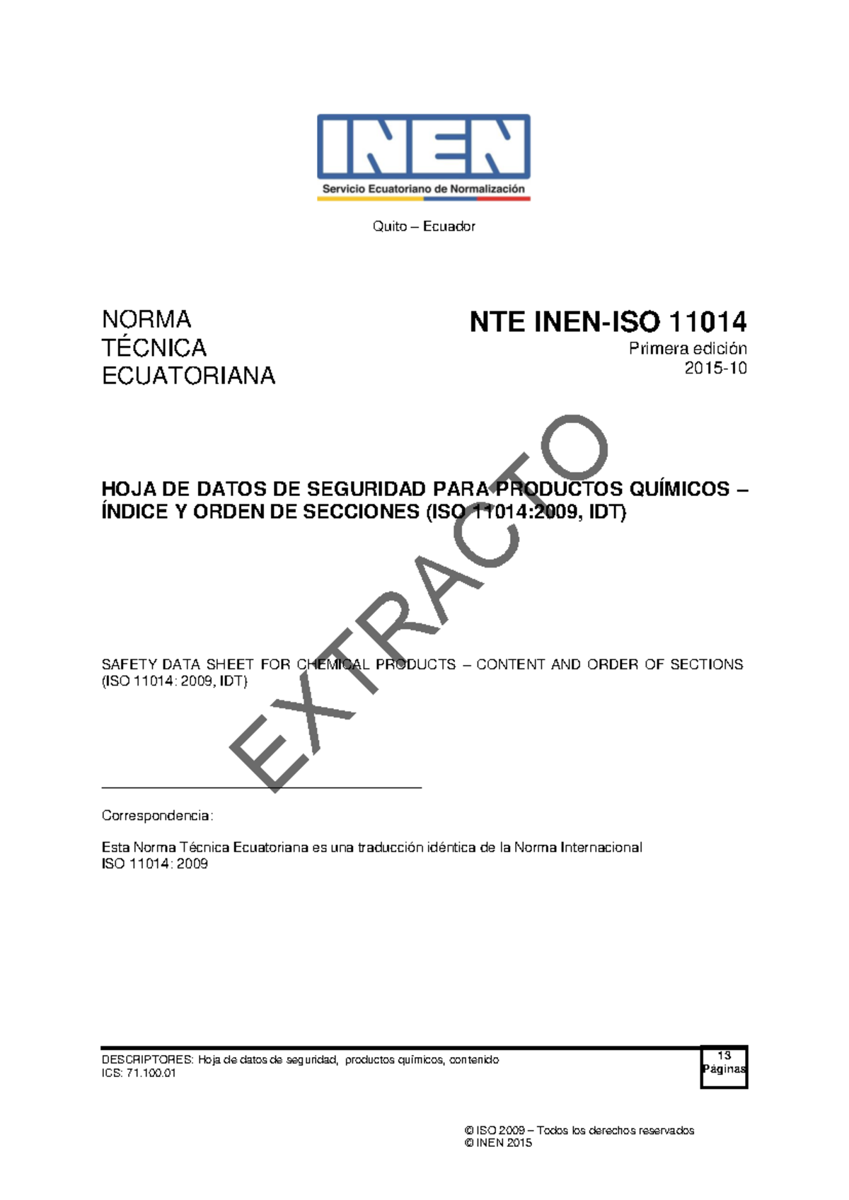 NTE INEN-ISO 11014: Hoja de Datos de Seguridad para Productos Químicos - Studocu