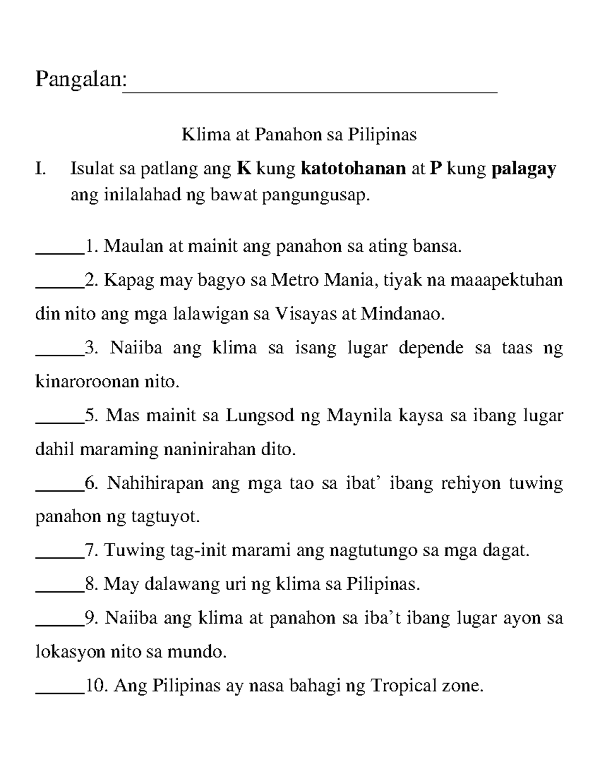 Klima at Panahon - Pangalan: Klima at Panahon sa Pilipinas I. Isulat sa ...