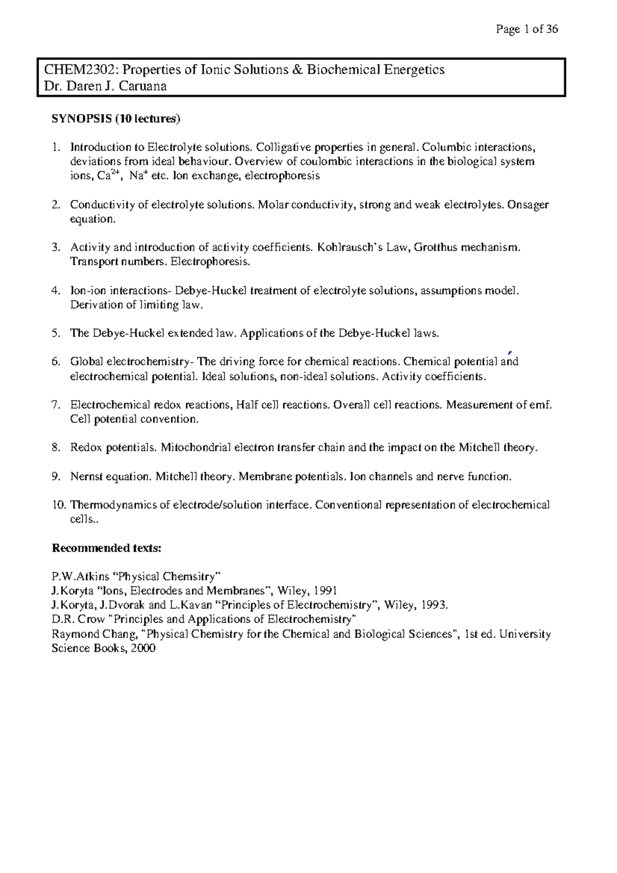 CHEM2302 Lecture Notes: Ionic Solutions & Biochemical Energetics (1-5 ...