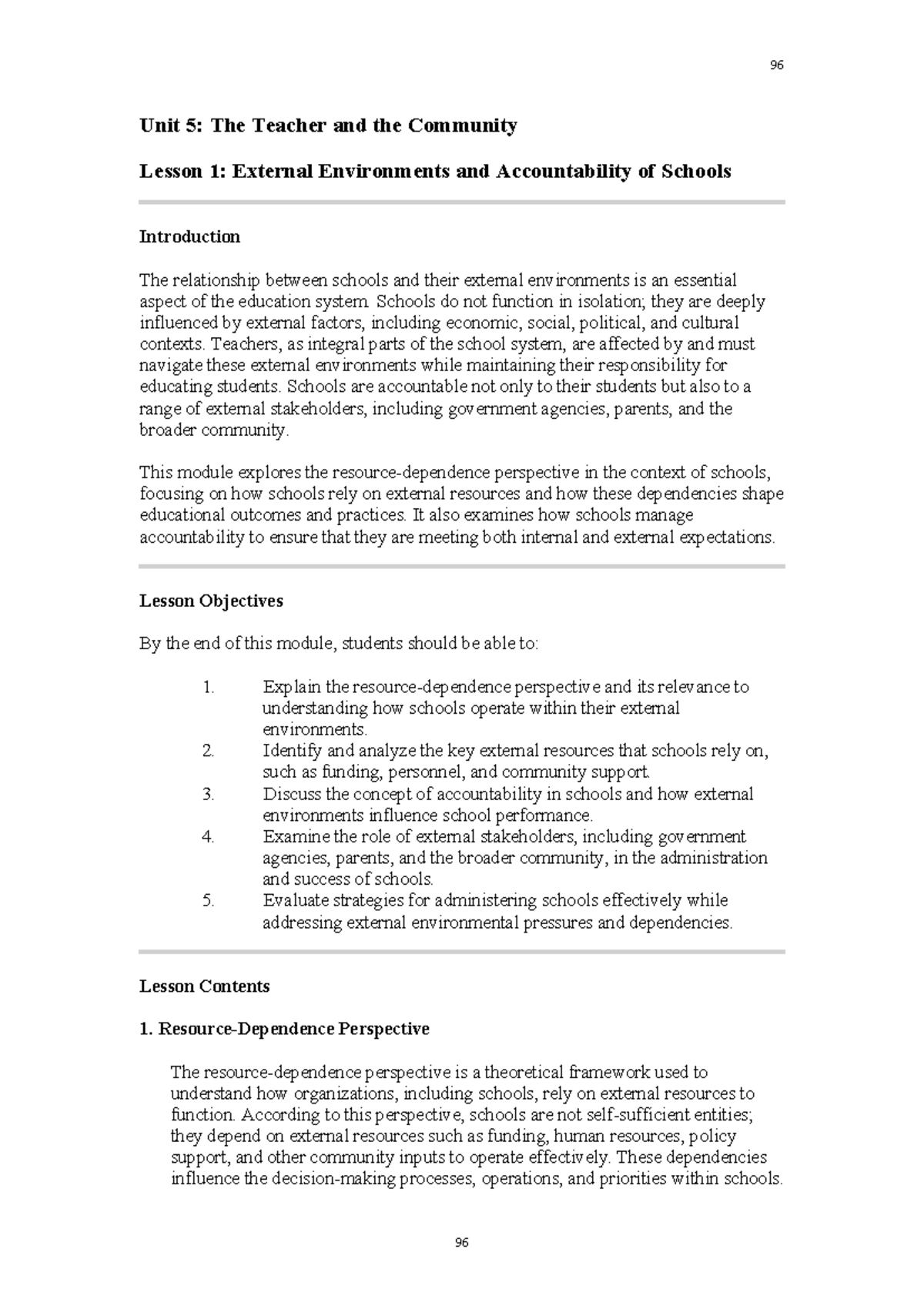 96 Unit 5: The Teacher and the Community - Lesson 1 Overview - Studocu