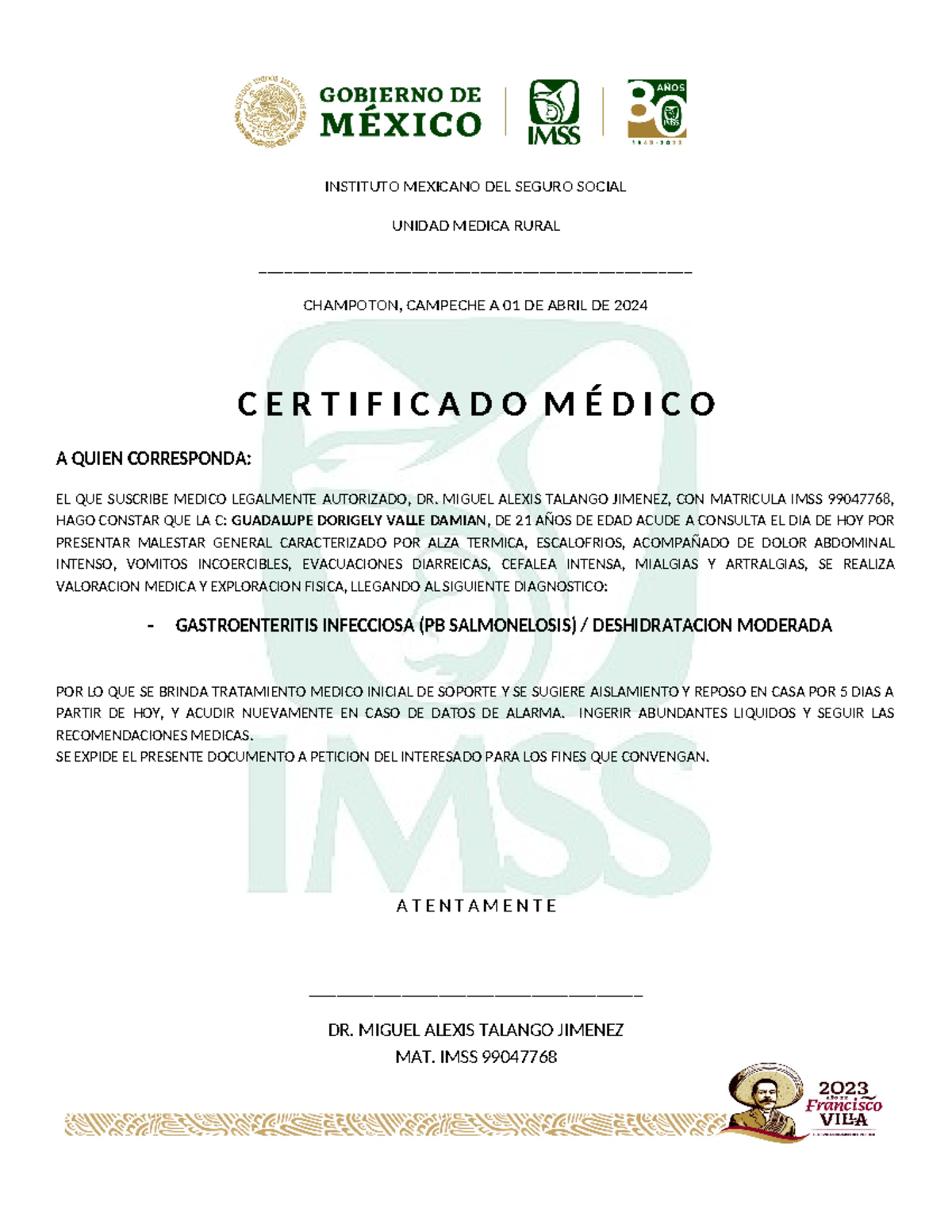 Certificado Médico IMSS-1: Diagnóstico de Gastroenteritis Infecciosa ...