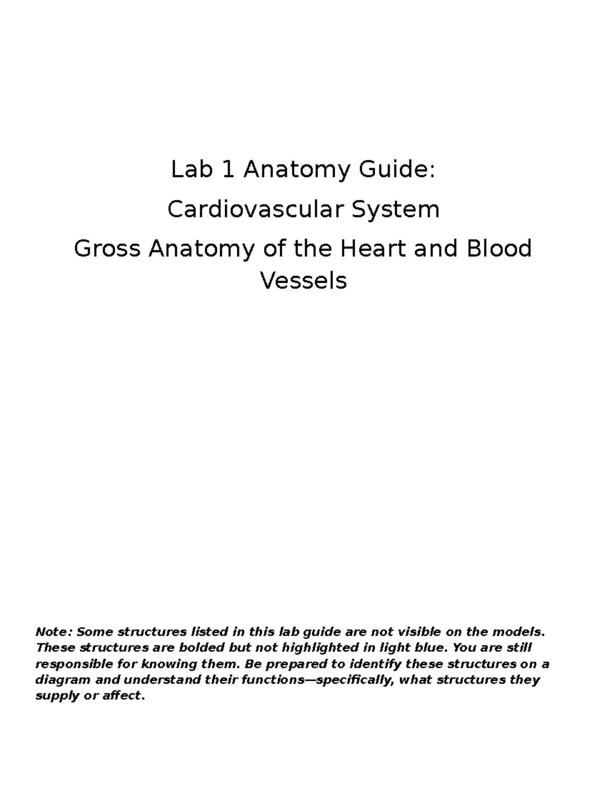 Anatomy Lab #1: Cardiovascular System & Heart Structures Guide - Studocu