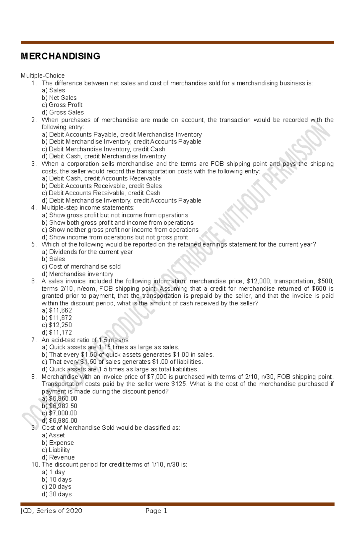 QUIZ ON Merchandising 1: Key Concepts and Practice Questions - Studocu