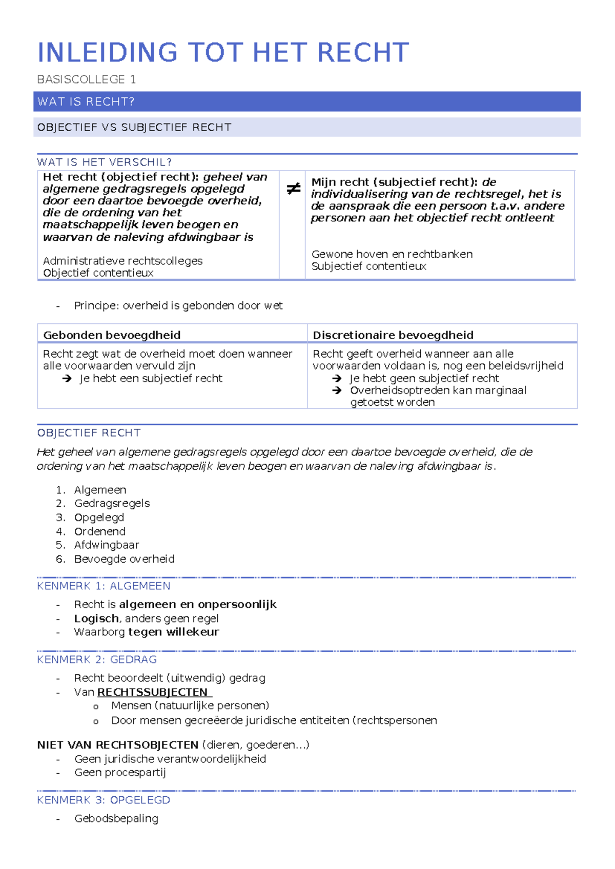 Samenvatting van INLEIDING TOT HET RECHT BASISCOLLEGE 1: OBJECTIEF VS ...