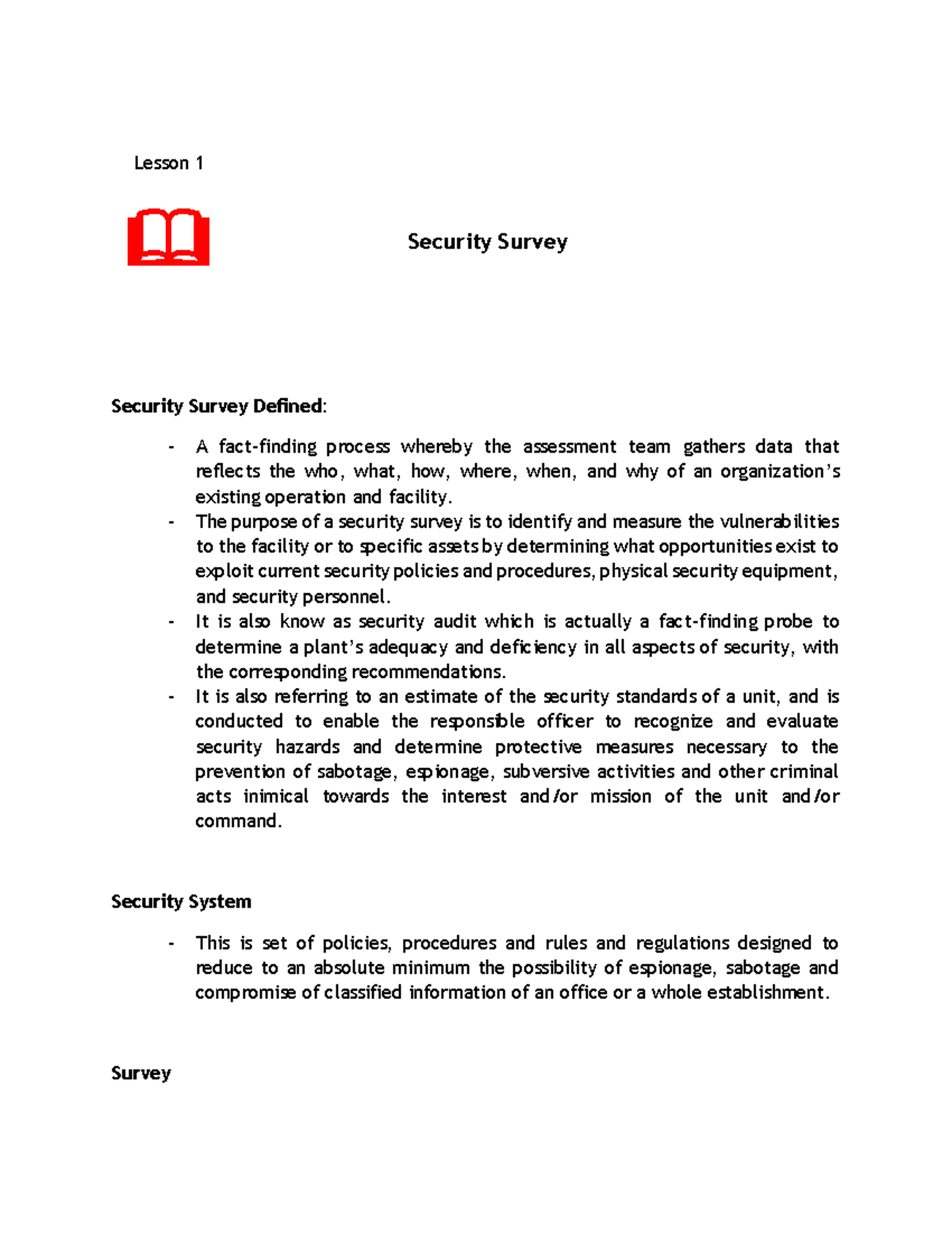 Security Survey Overview: Key Concepts and Definitions for Lesson 1 ...