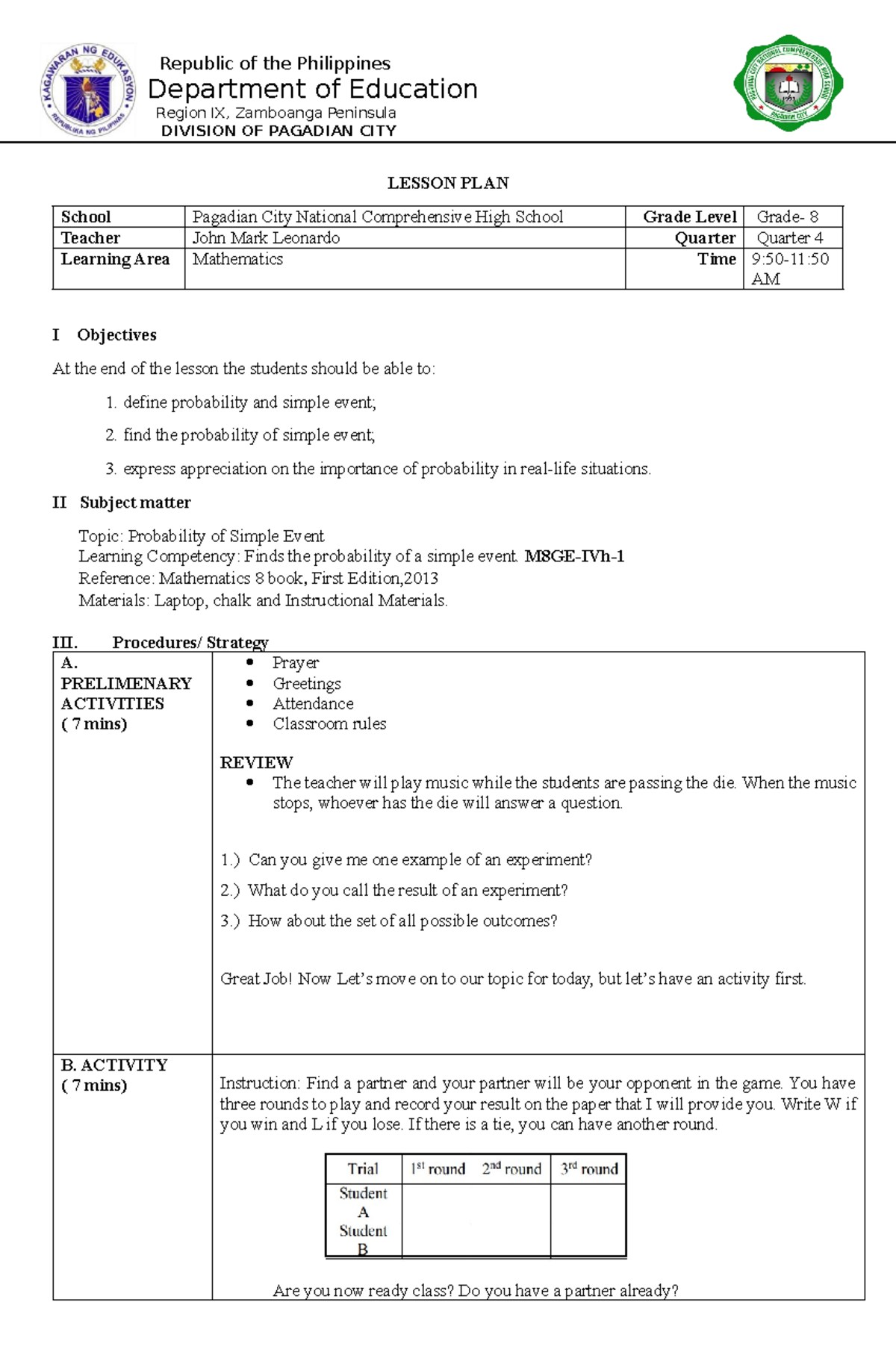 Probability of simple event Lesson Plan - Department of Education ...