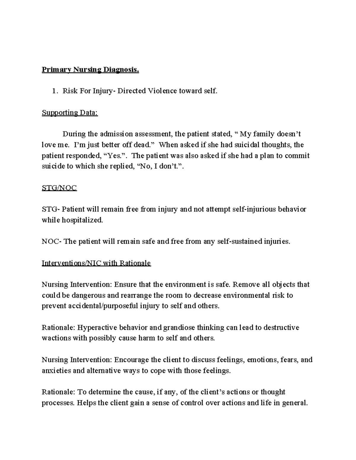 Primary Nursing Diagnosis - 1. Risk For Injury- Directed Violence ...
