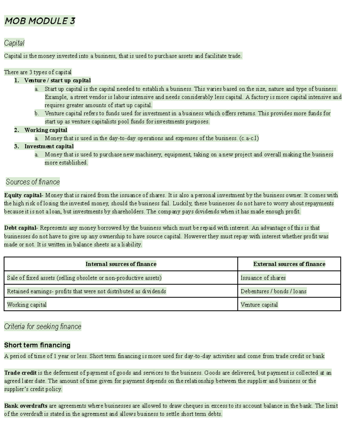 MOB Module 3: Understanding Capital and Financing Sources - Studocu