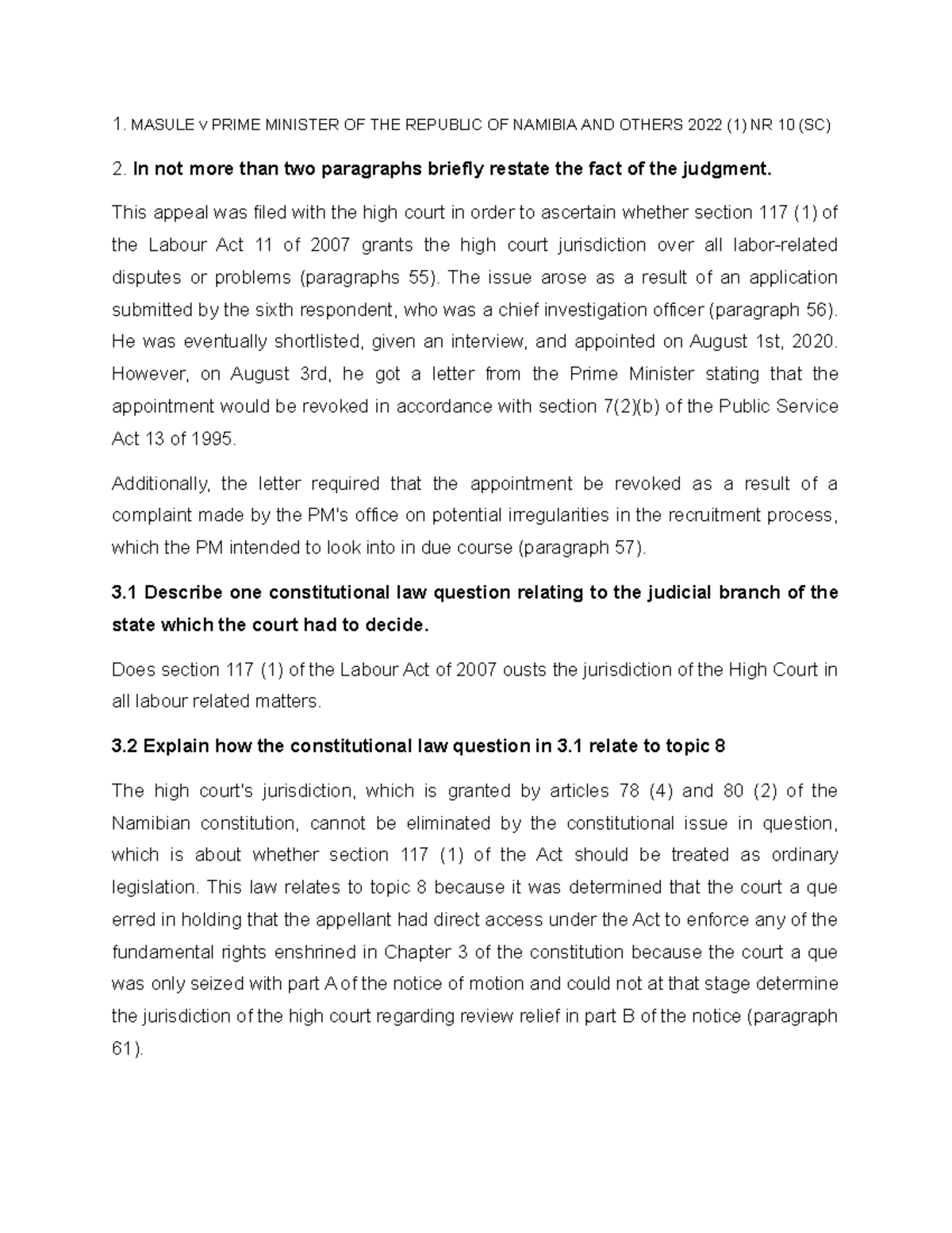 Unit 8 - law - MASULE v PRIME MINISTER OF THE REPUBLIC OF NAMIBIA AND ...