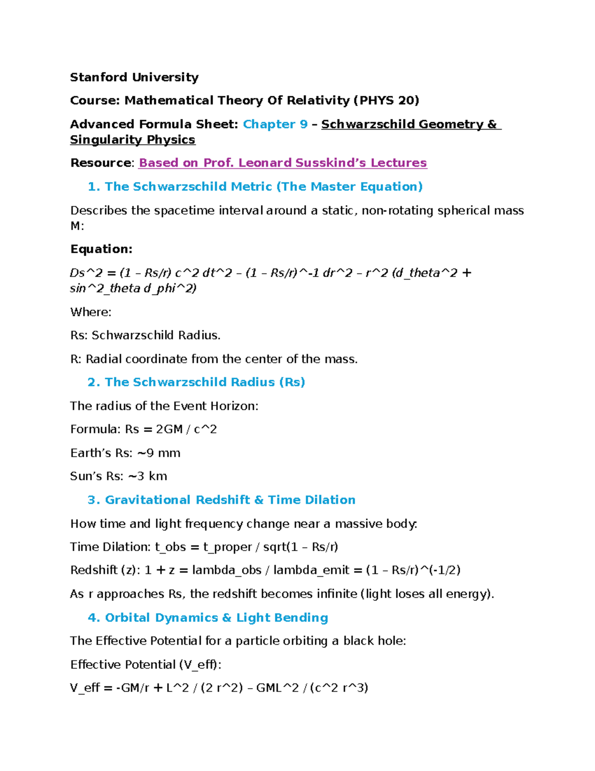 PHYS 20 Final Formula Sheet: Chapter 9 Schwarzschild Geometry - Studocu
