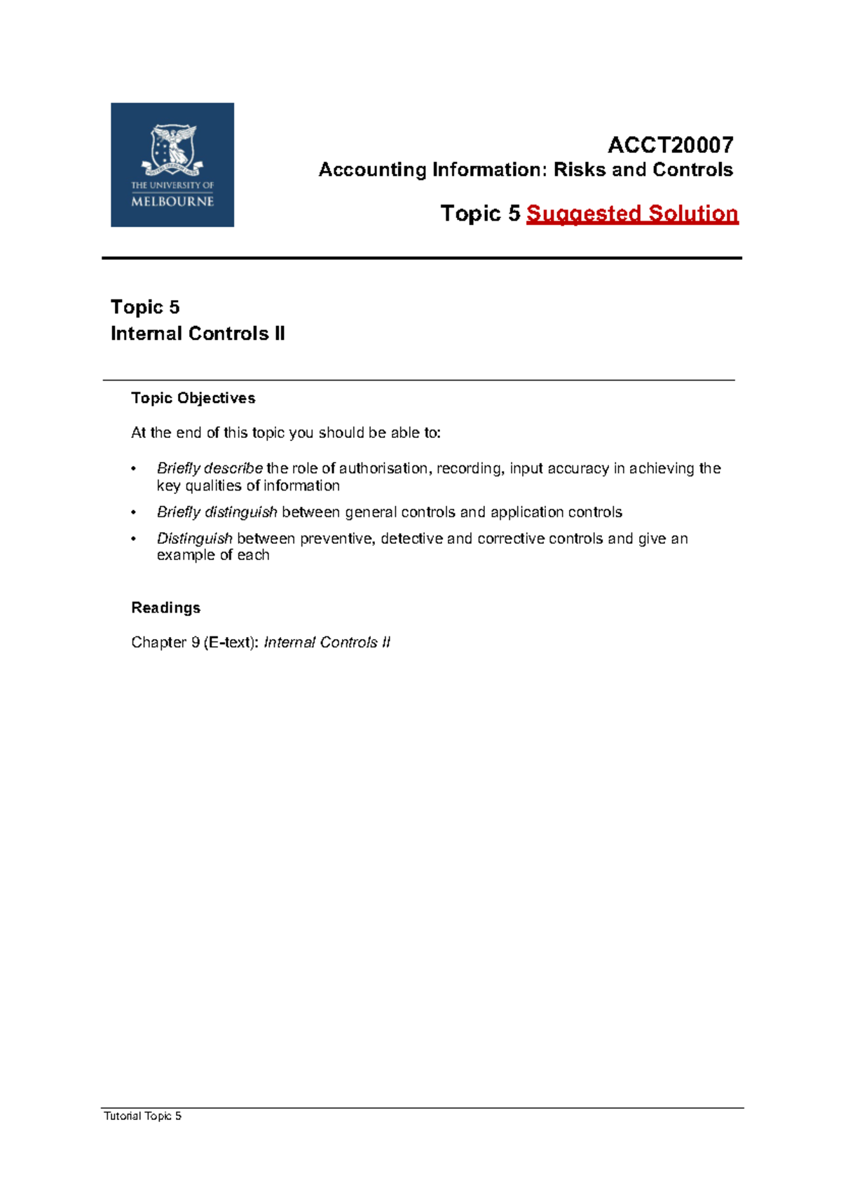 ACCT20007 - Tutorial Topic 5 Solution - Tutorial Topic 5 Topic 5 ...