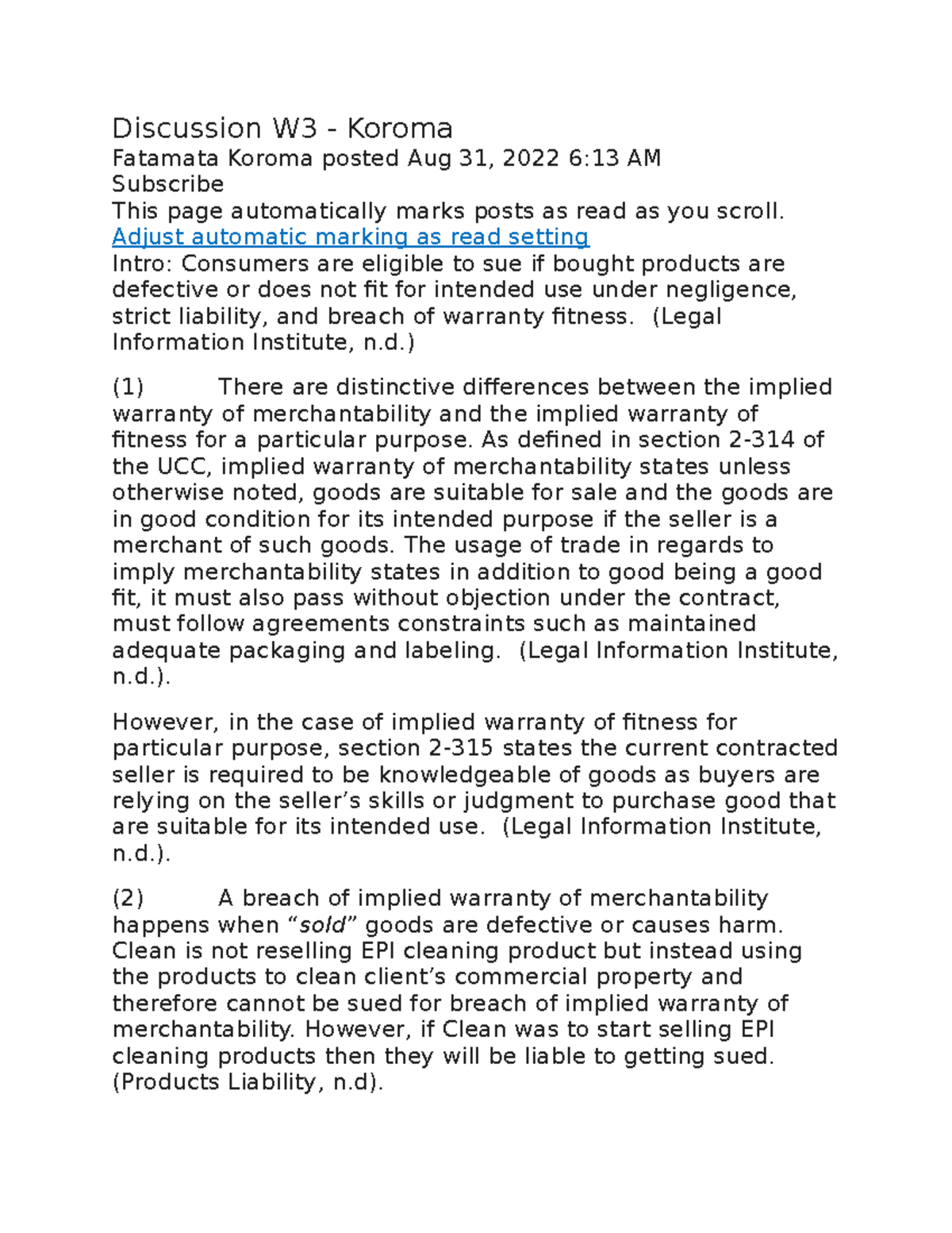 W3 Discussion Responses: Implied Warranties & Product Liability ...